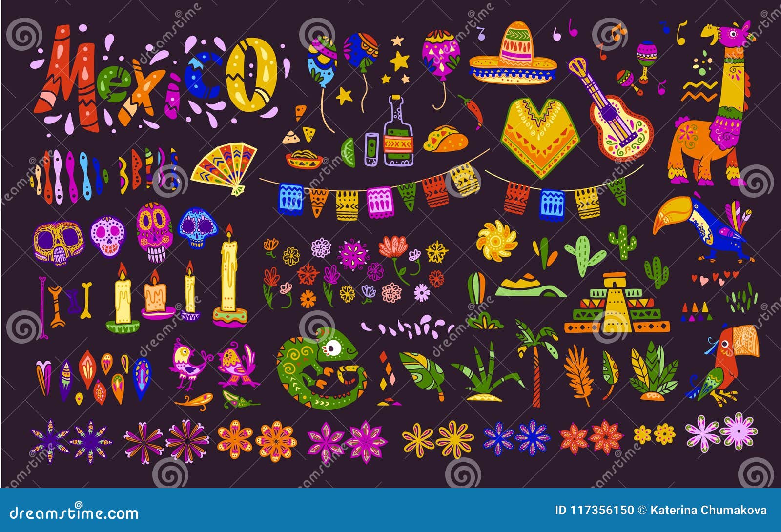 Big Vector Set of Mexico Elements, Symbols & Animals in Flat Hand Drawn ...