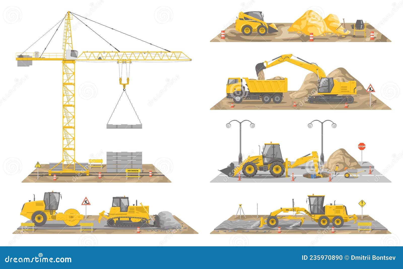 Big Vector Set of Yellow Construction Vehicles Stock Vector ...