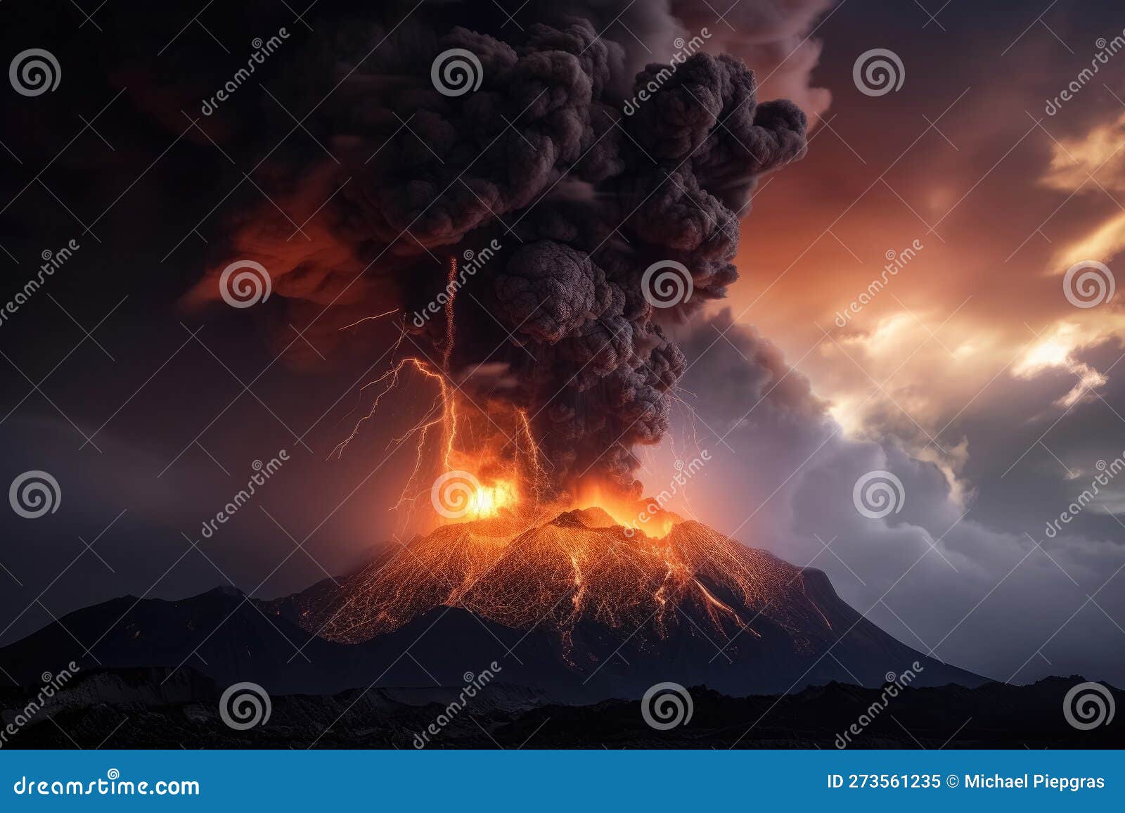 A Big Volcano Erupts with a Dark Ash Cloud in the Sky with Lightning ...