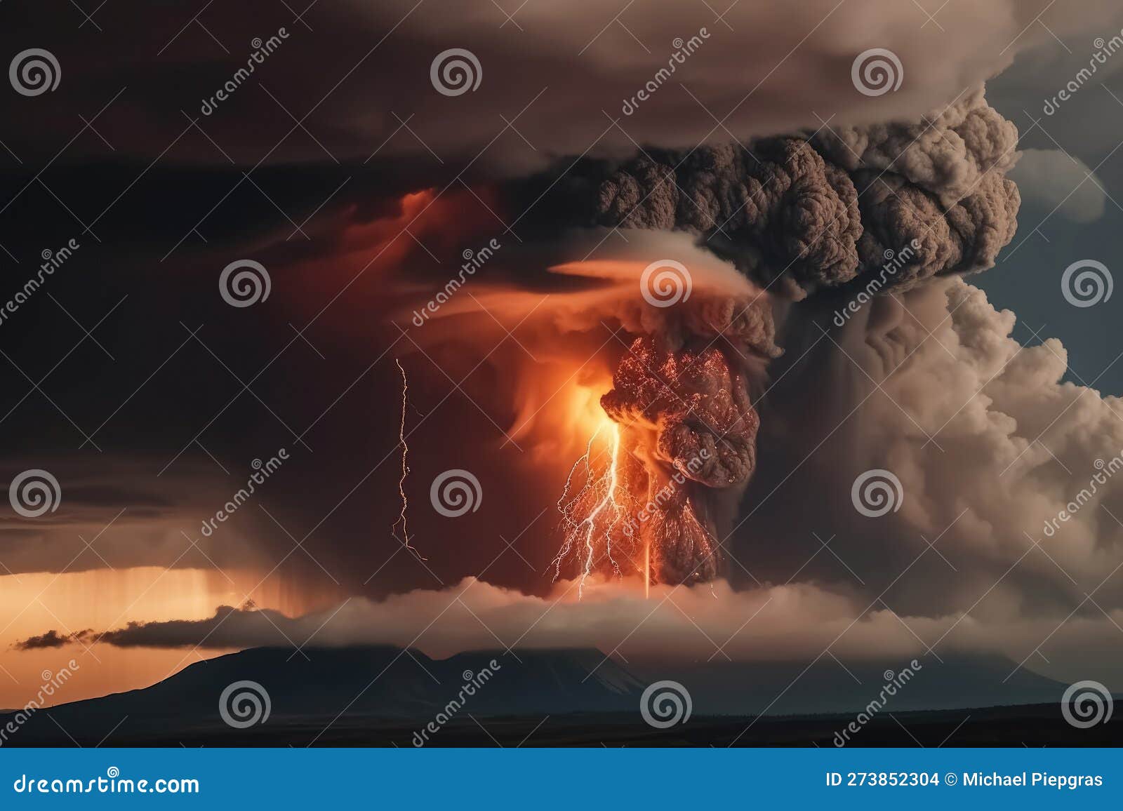 A Big Volcano Erupts with a Dark Ash Cloud in the Sky with Lightning ...
