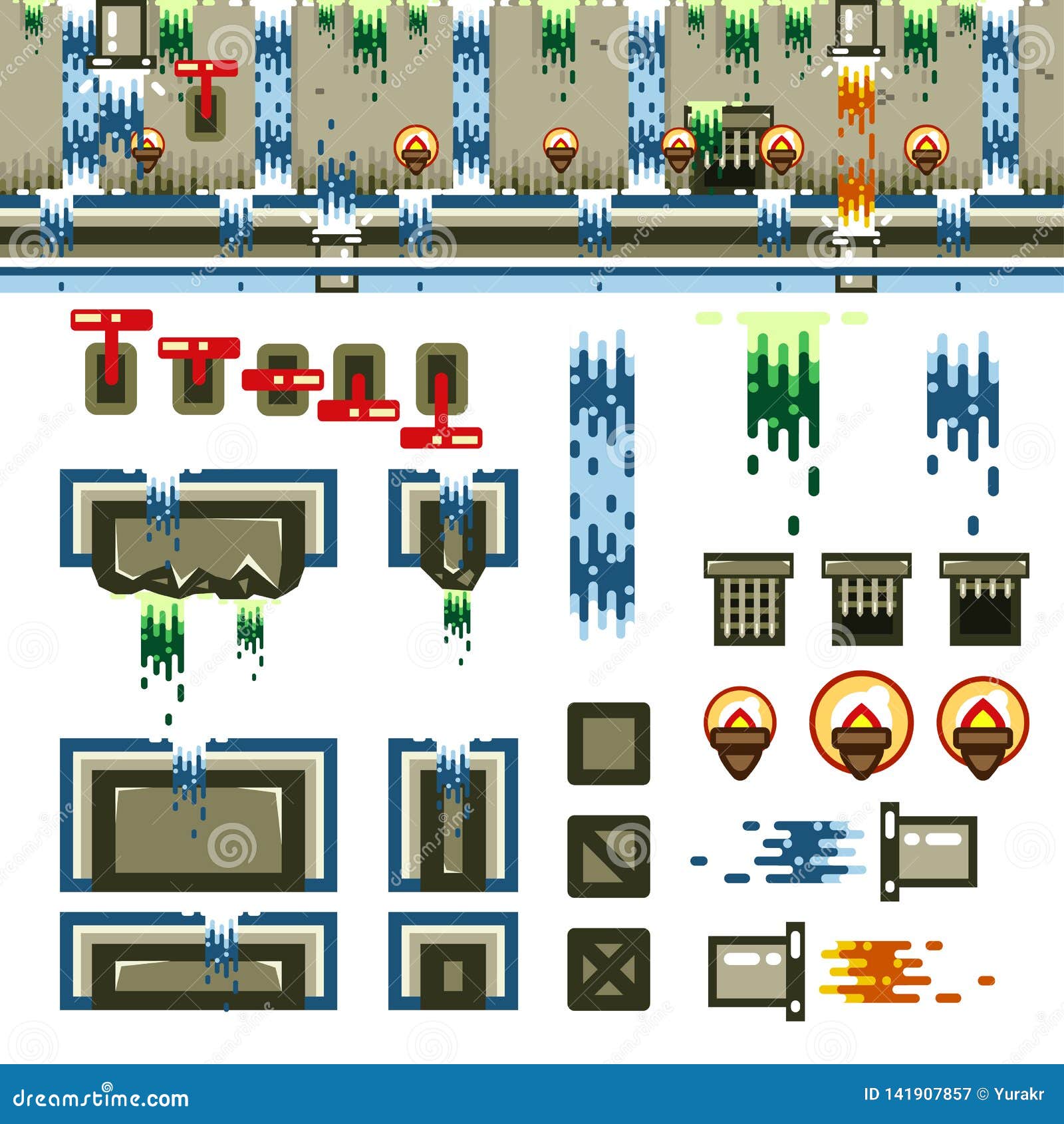 Waterfall Flat Game Level Kit Stock Vector - Illustration of flat ...