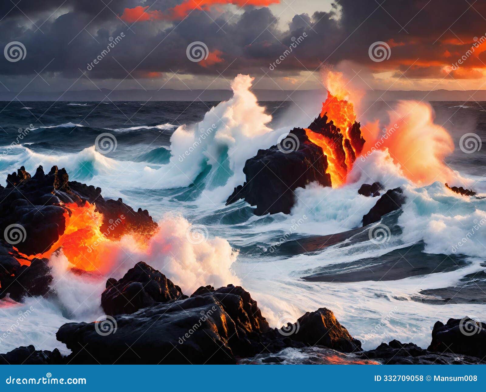 Big Wave and Fire on the Beach Stock Illustration - Illustration of ...