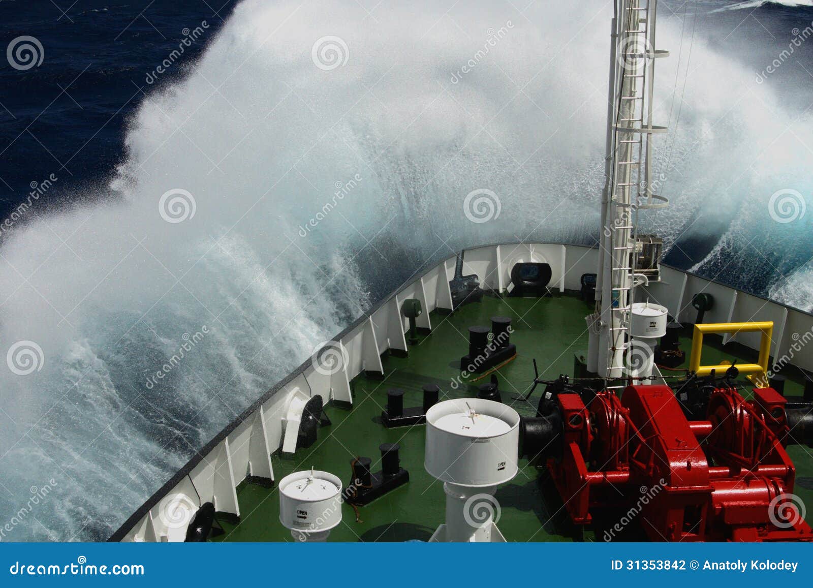 Big Wave Rolling Over the Snout of the Ship Stock Photo - Image of ...