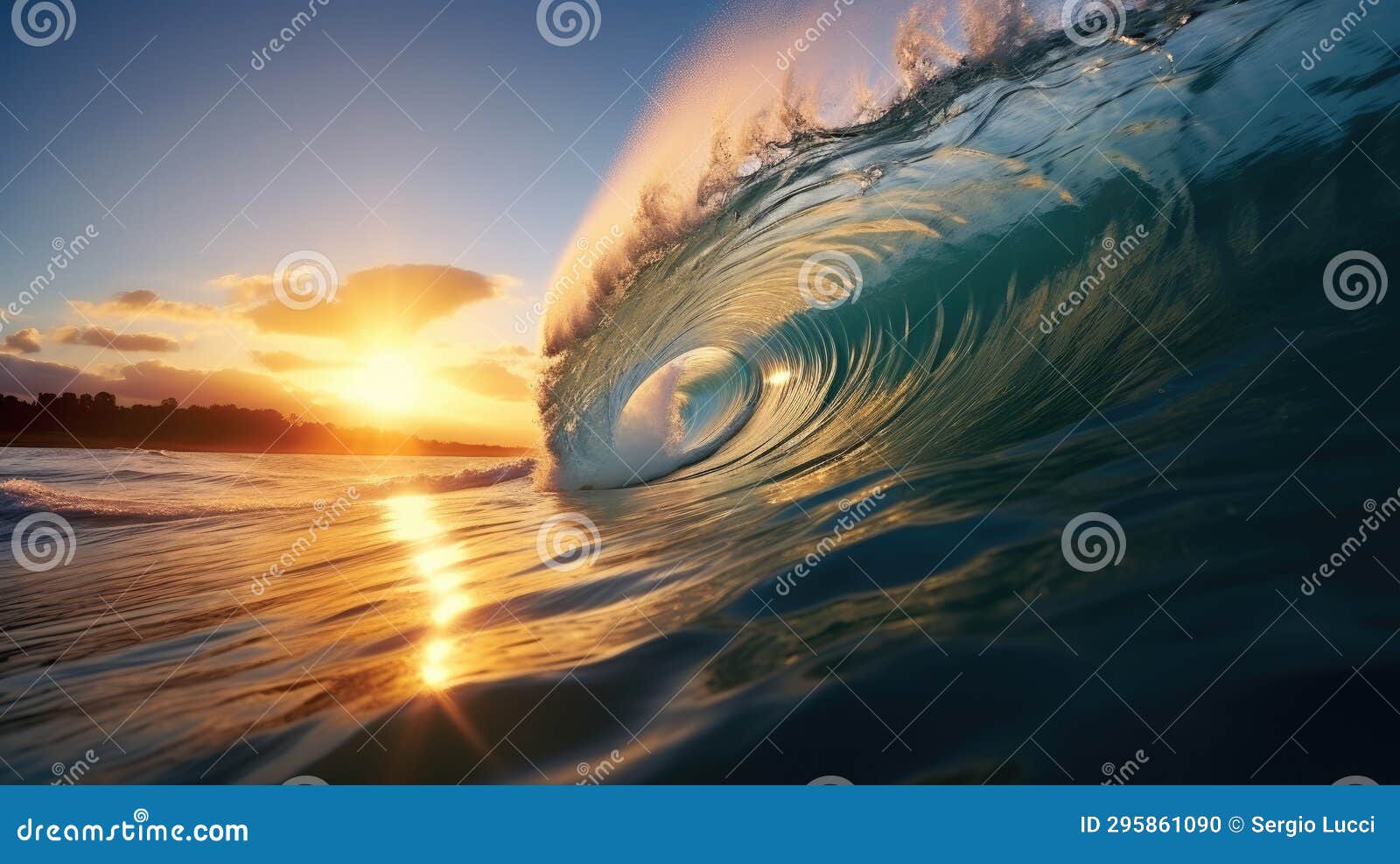 Big Wave at Sunset. Great Sea Wave. Light Bronze and Dark Blue. Stock ...