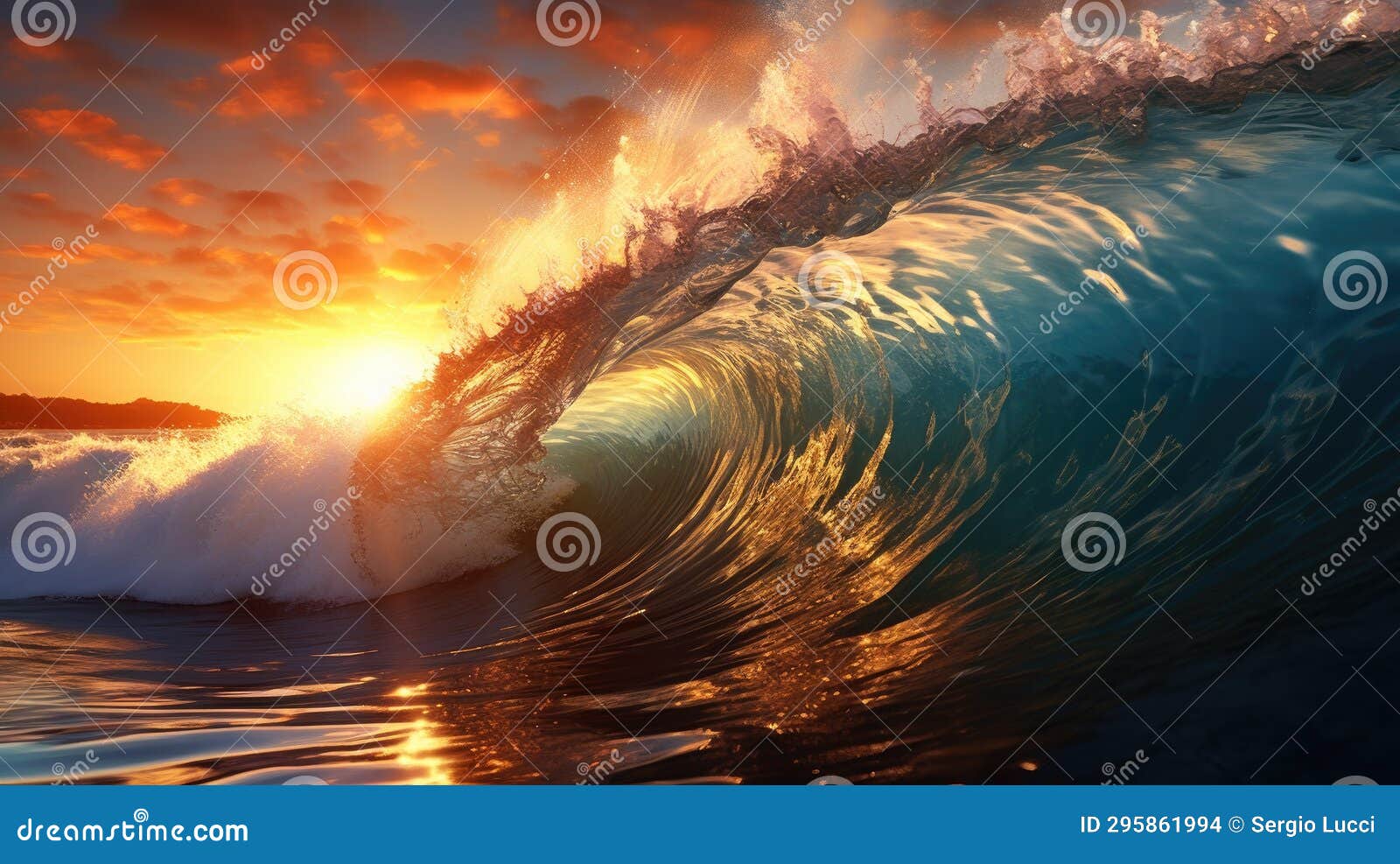 Big Wave at Sunset. Great Sea Wave. Light Bronze and Dark Blue. Stock ...