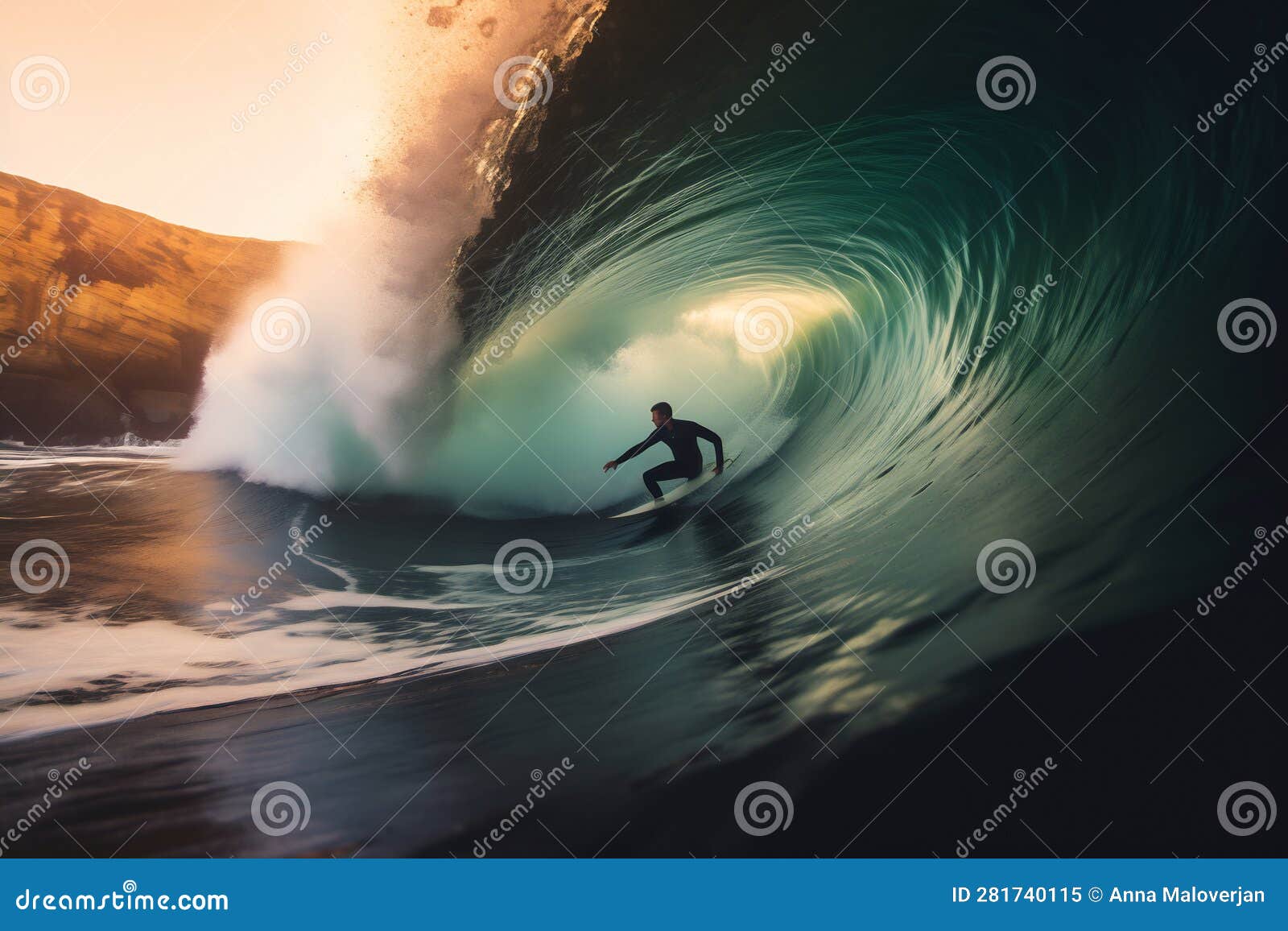 Big Wave Surfer in a Perfect Barrel Stock Illustration - Illustration ...