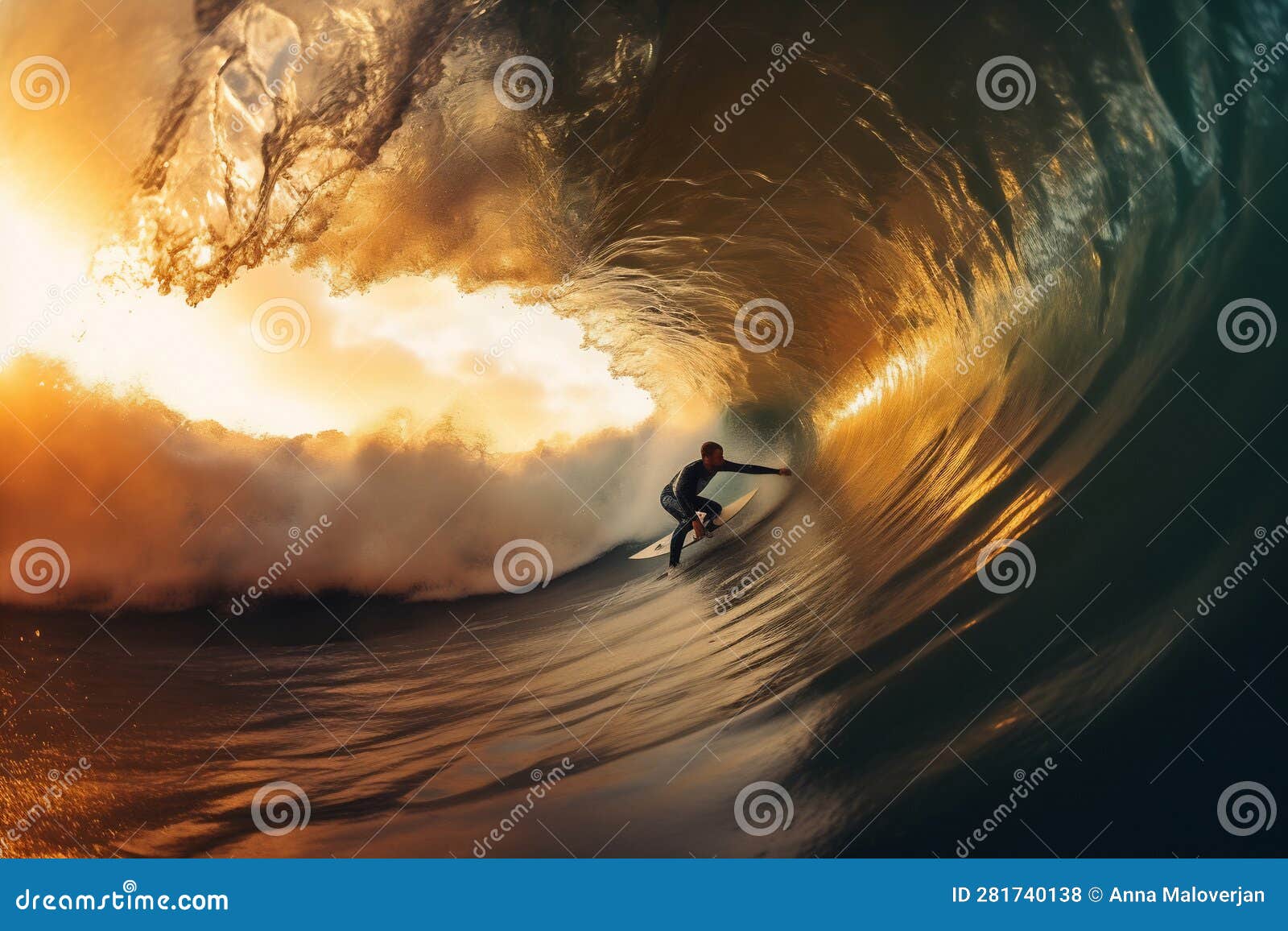 Big Wave Surfer in a Perfect Barrel Stock Illustration - Illustration ...