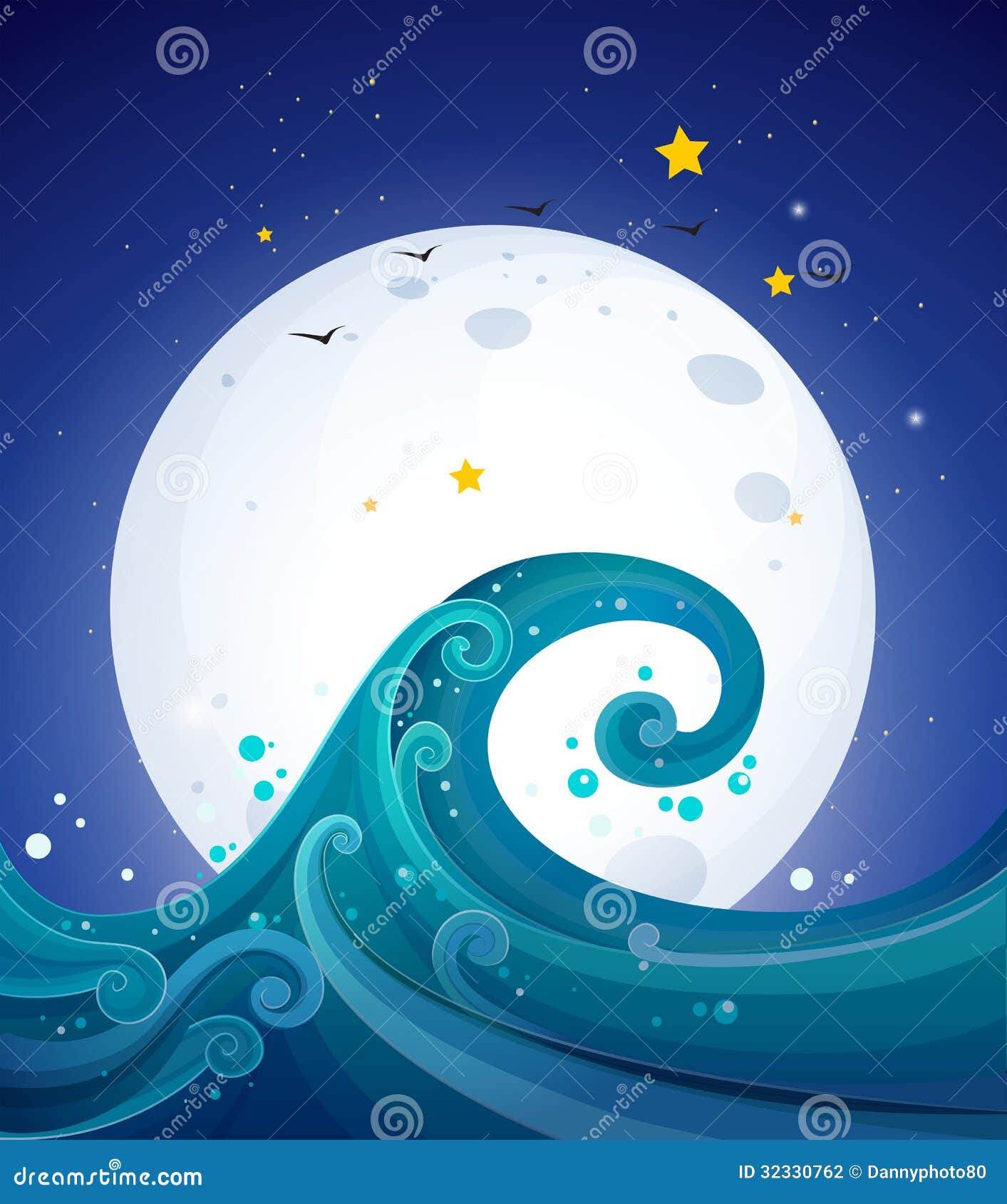 Big Waves Below the Bright Fullmoon Stock Vector - Illustration of ...