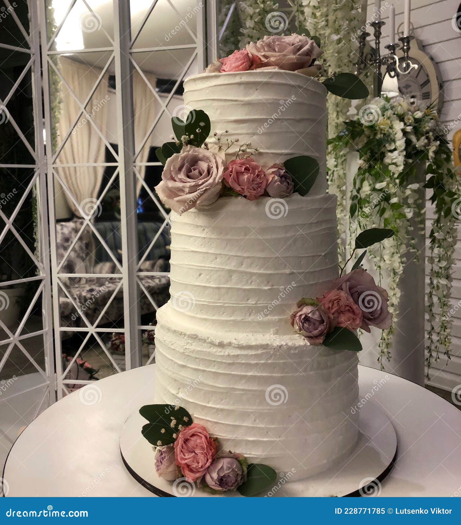 Big White Cake with Pink Flowers Stock Image - Image of celebrate ...