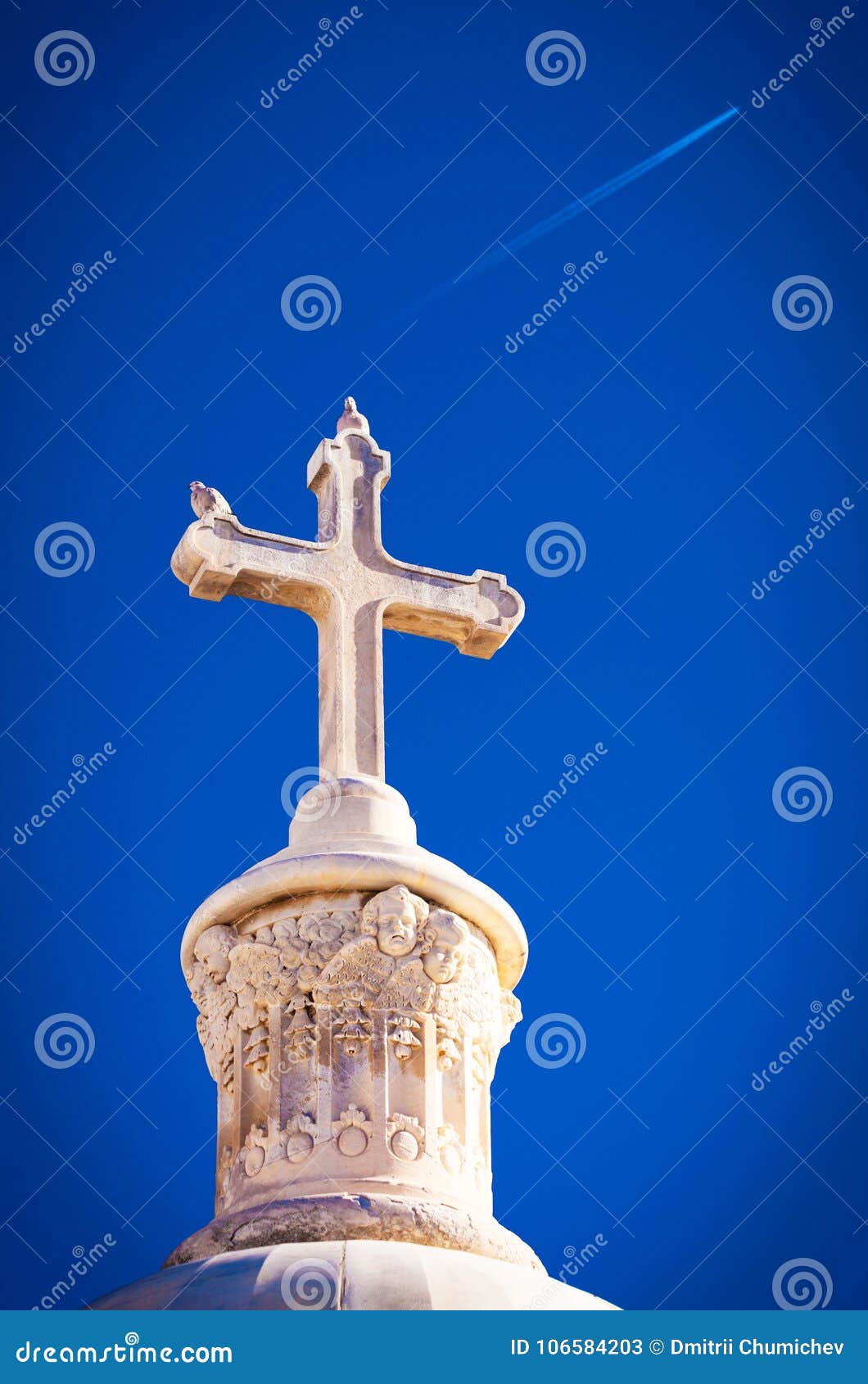 Big White Cross and the Plane Taking Off As a Symbol of the Way Stock ...