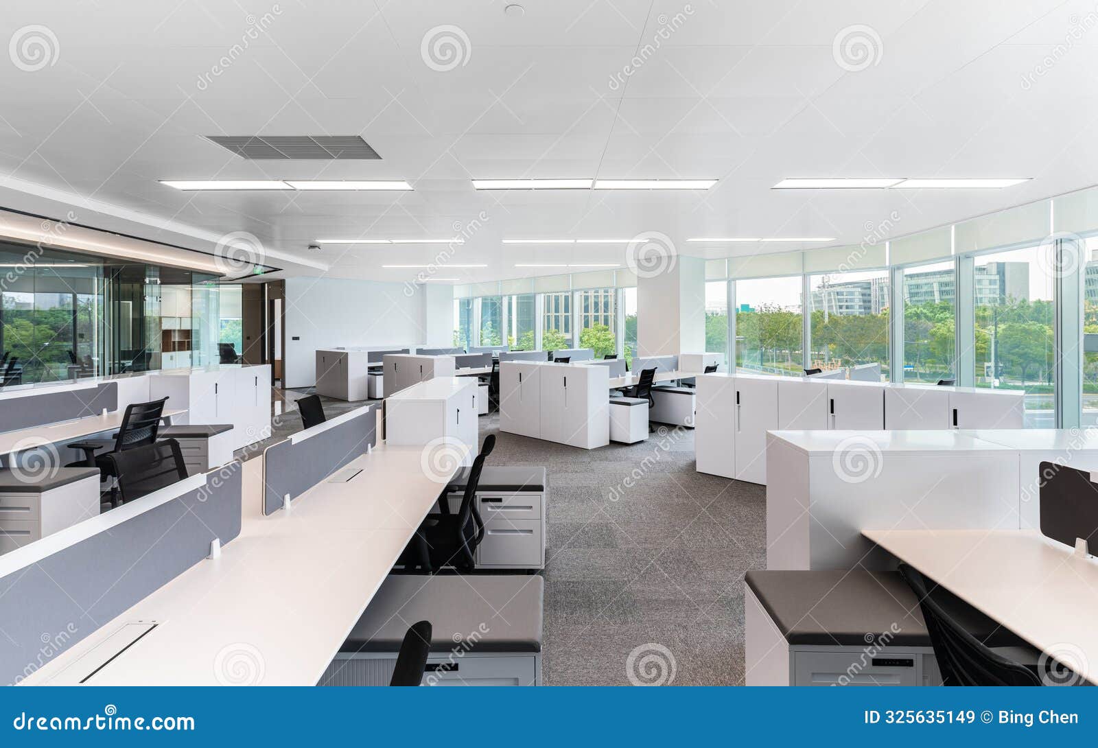 Big White Modern Office Room with Large Windows Stock Image - Image of ...