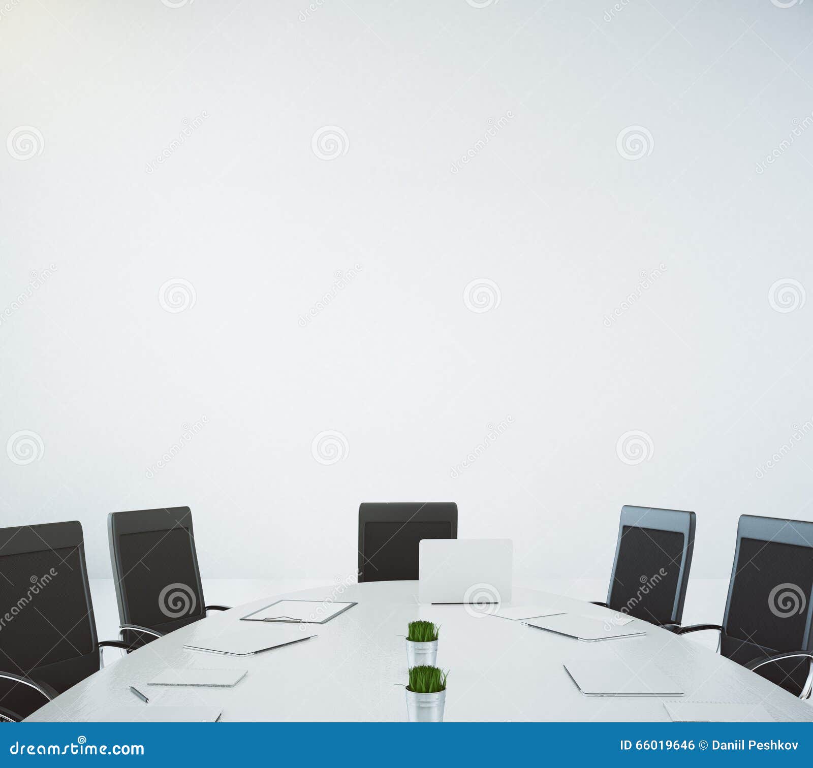 Big White Oval Table with Laptop and Chairs at White Wall Backg Stock ...