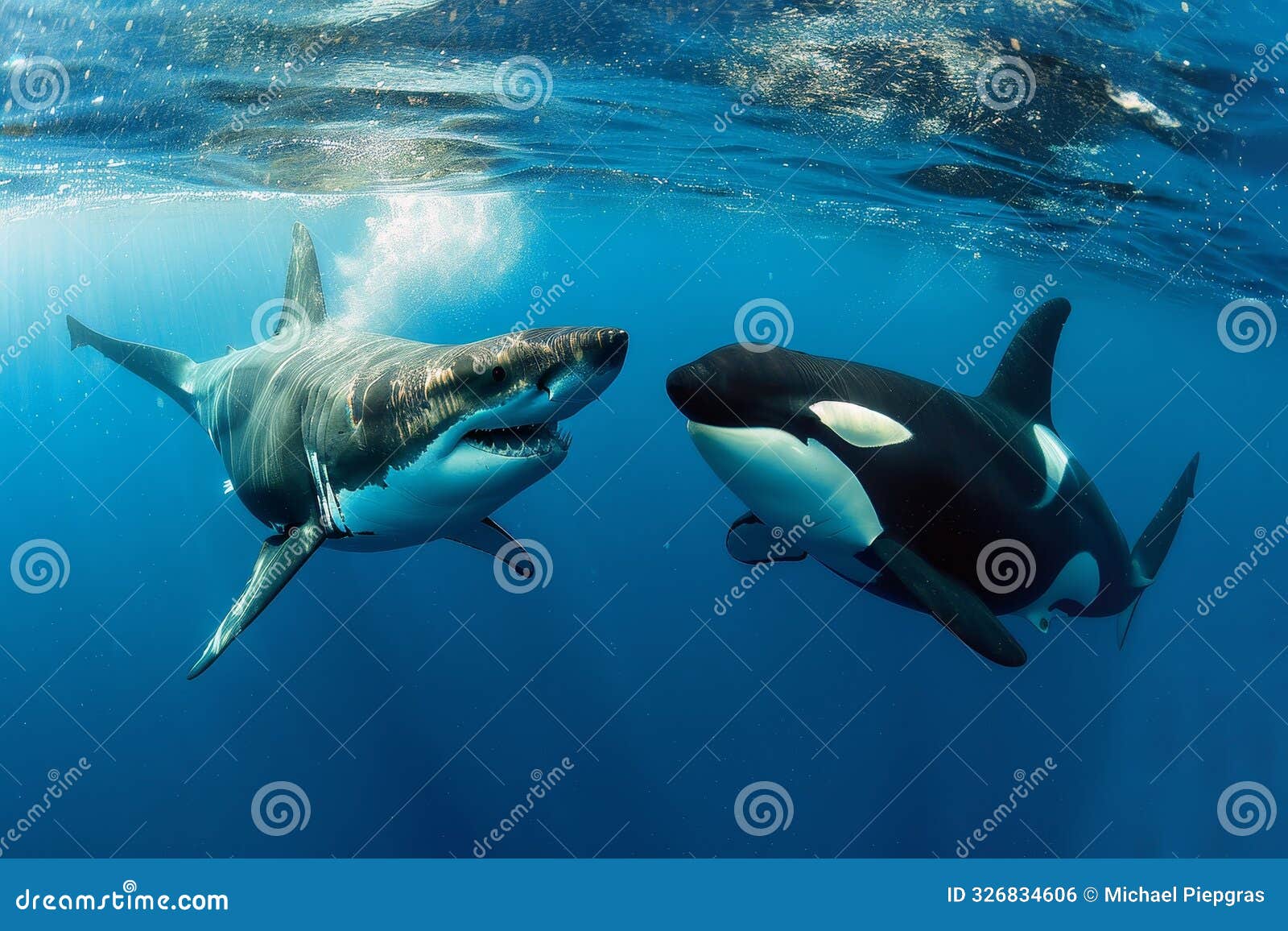 A Big White Shark and an Orca Fighting Undersea Stock Photo - Image of ...
