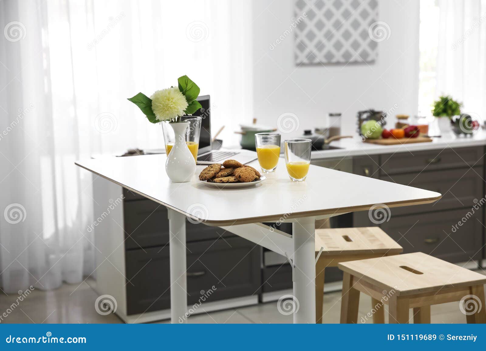 Big White Table on Stylish Kitchen Stock Image - Image of flower ...