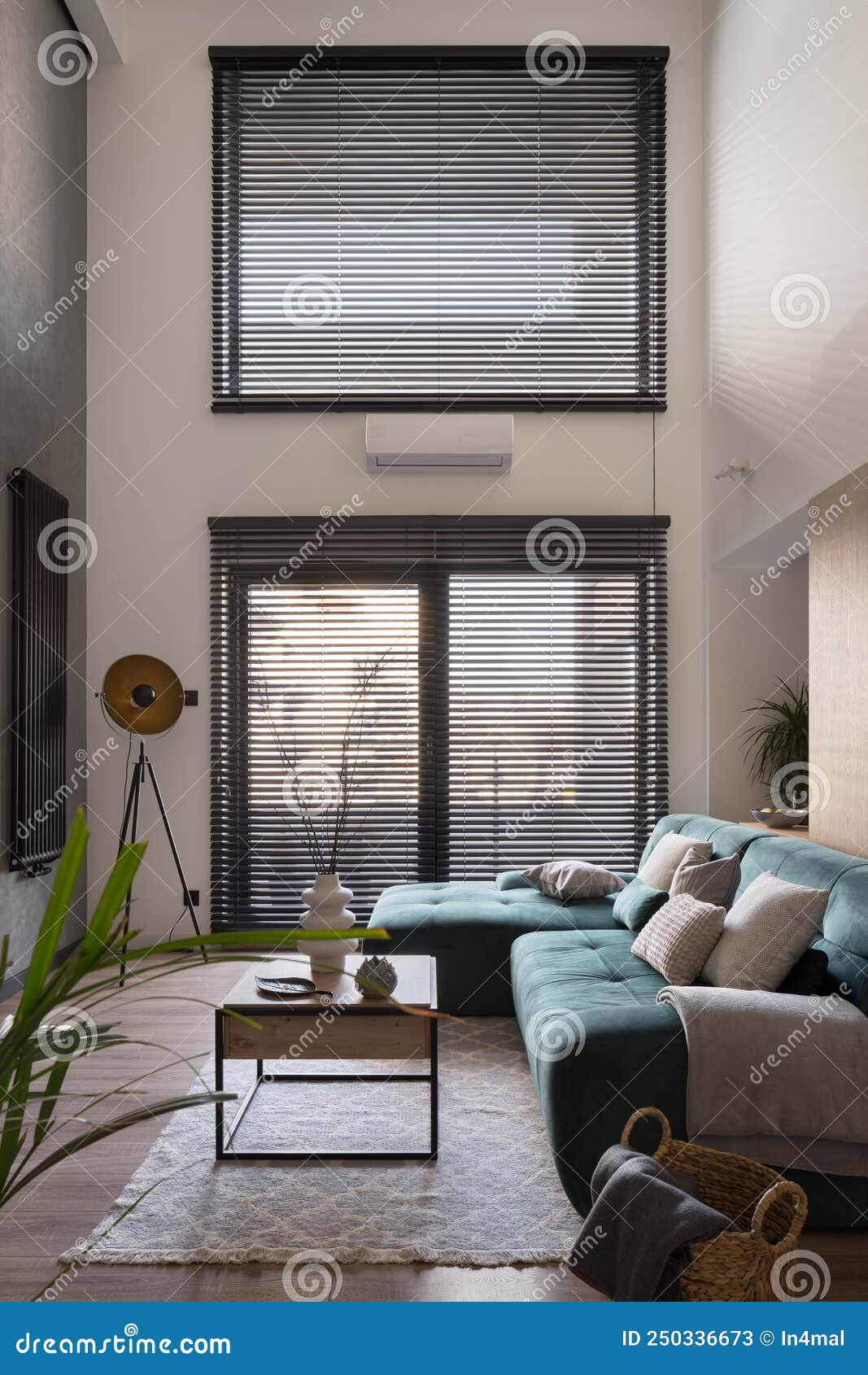 Big Windows in Lofty Living Room Stock Image - Image of apartment, lamp ...