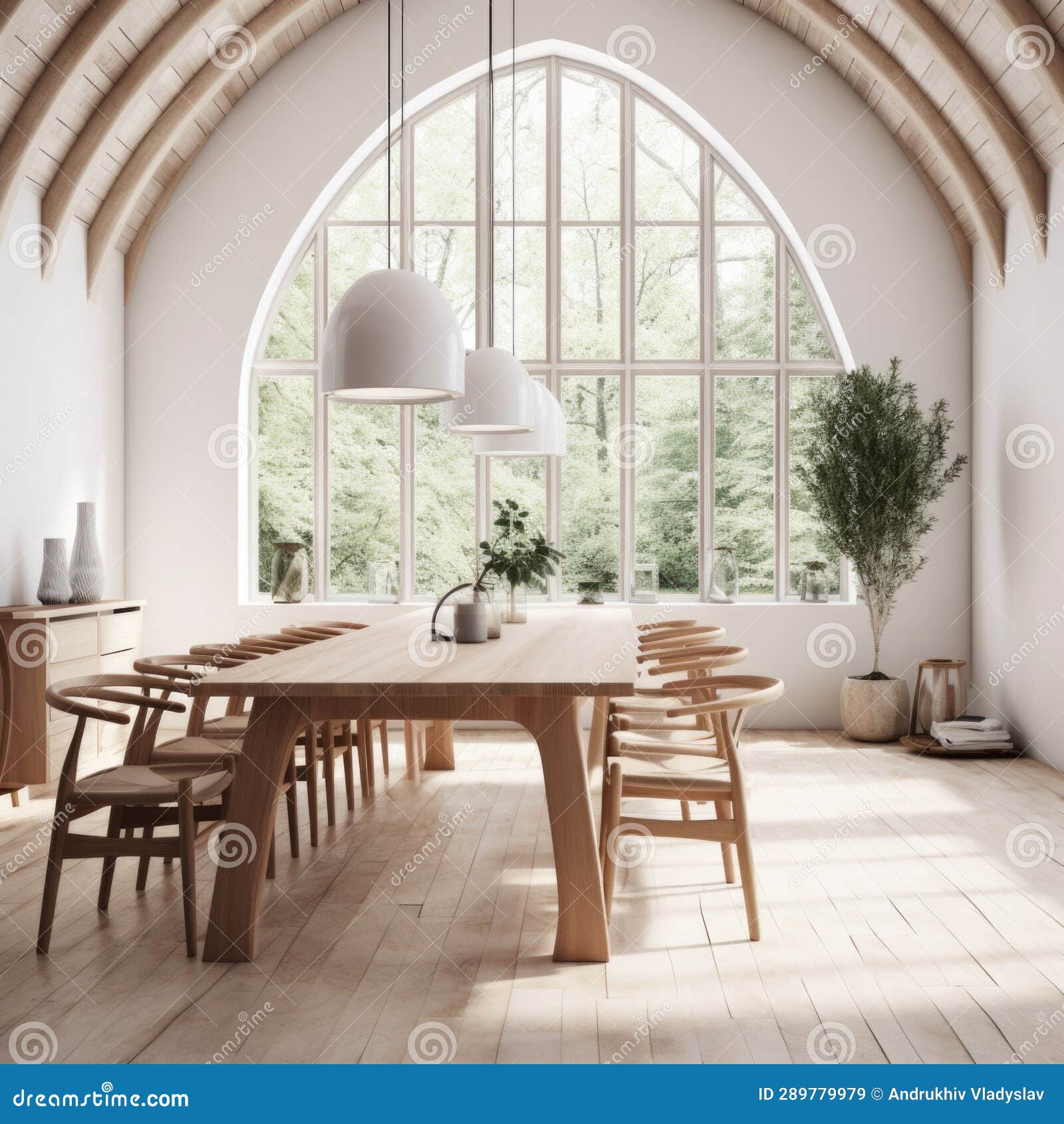 Big Wood Dining Table and Chairs in Room with Arched Ceiling and ...