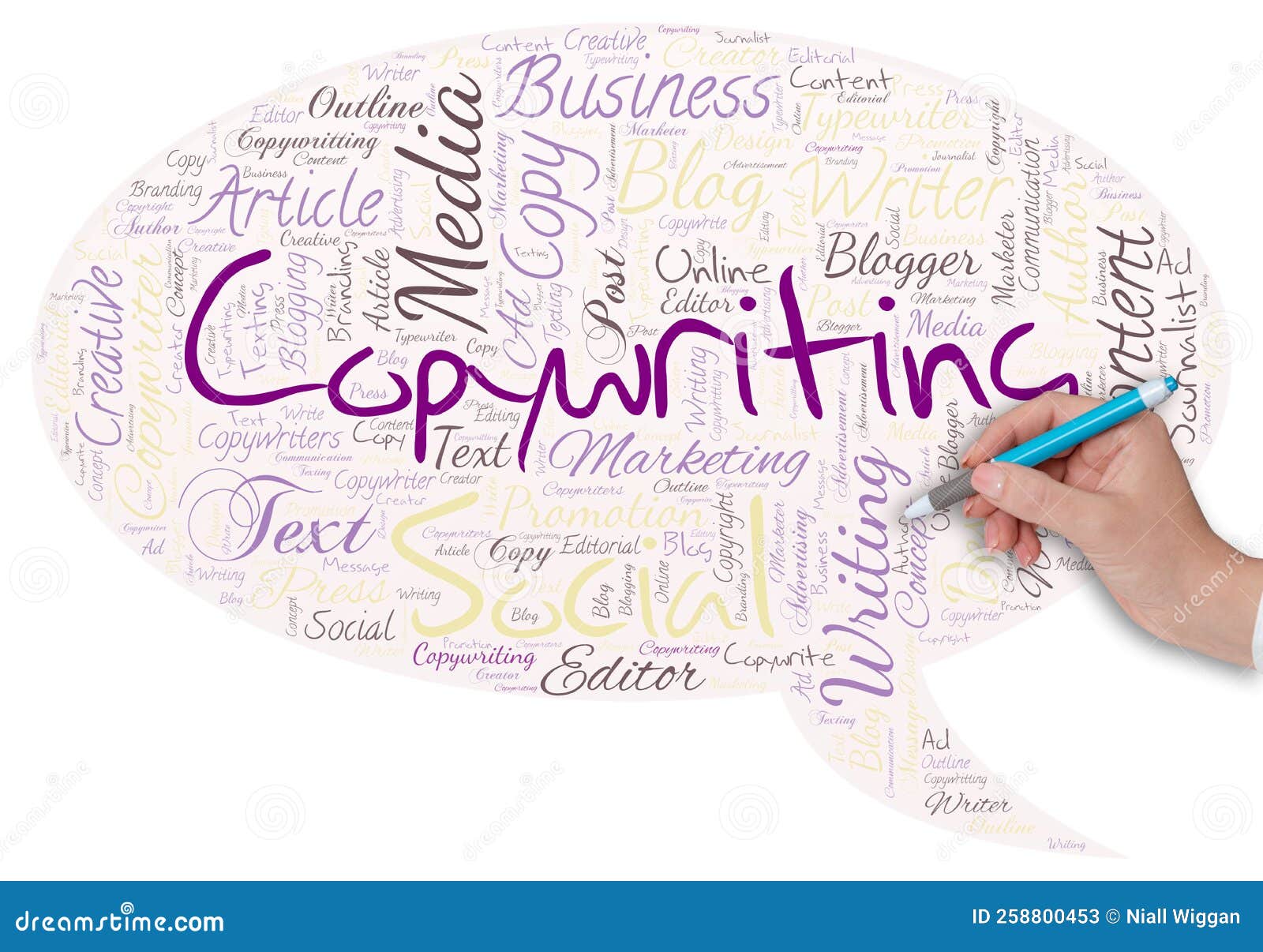 Big Word Cloud in the Shape of Dialog Box with Hand and Pen with Word ...