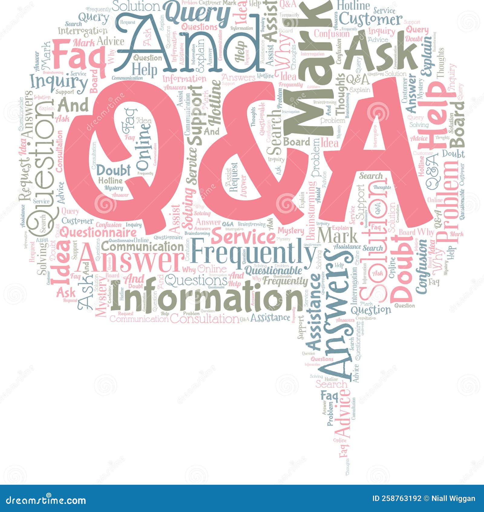 Big Word Cloud in the Shape of Speech Bubble with Words Q and a.. Questions and Answers. Defined ...