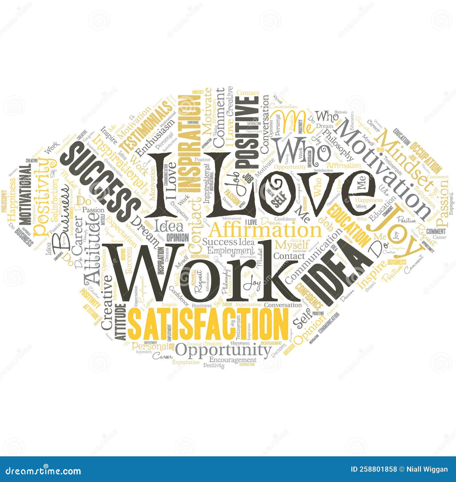 Big Word Cloud in the Shape of UFO with Words I Love Work. Be Satisfied ...