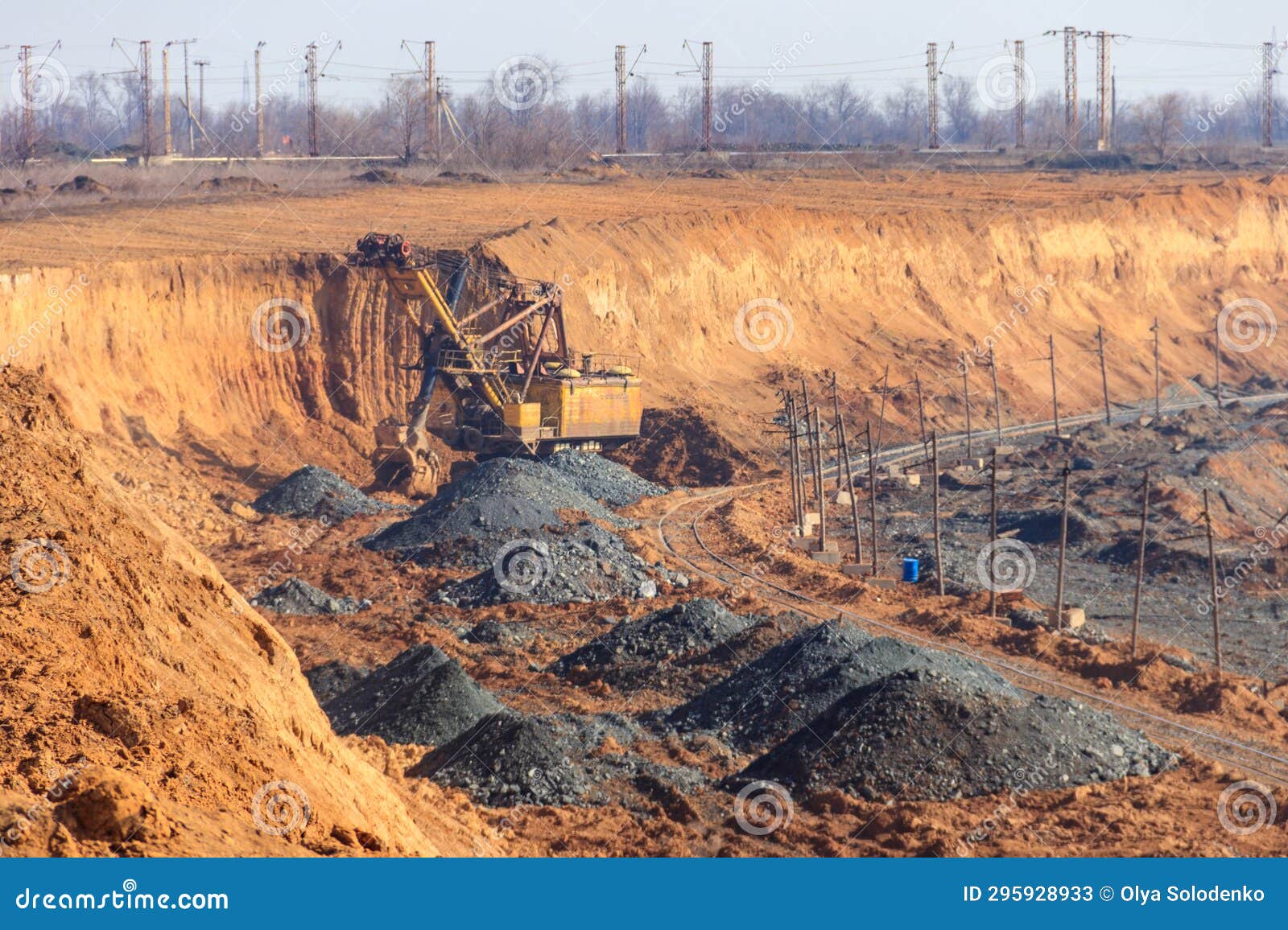 Big Yellow Excavator Working in Iron Ore Quarry Stock Image - Image of ...