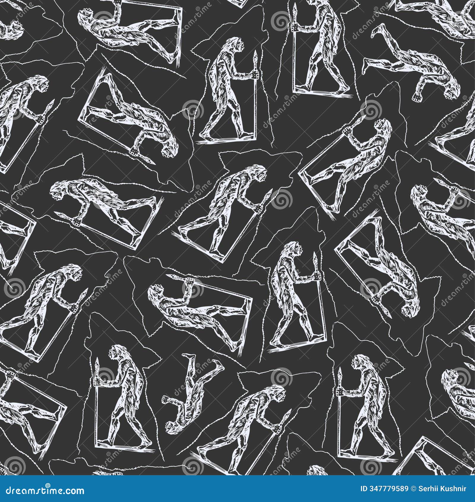 Bigffot or Caveman with Spear. Sketch Drawn Prehistoric Seamless Pattern. Human Evolution ...