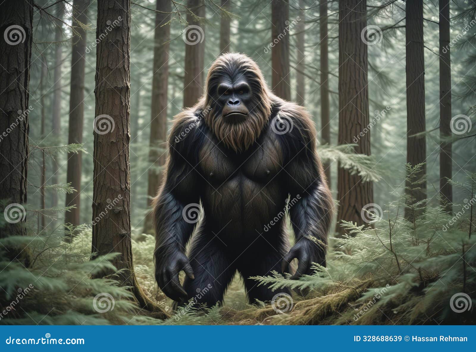 A Bigfoot Peeking Out from Behind a Tree in a Dense Forest Stock ...