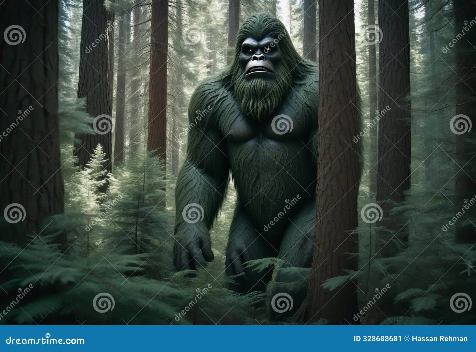 A Bigfoot Peeking Out from Behind a Tree in a Dense Forest Stock ...