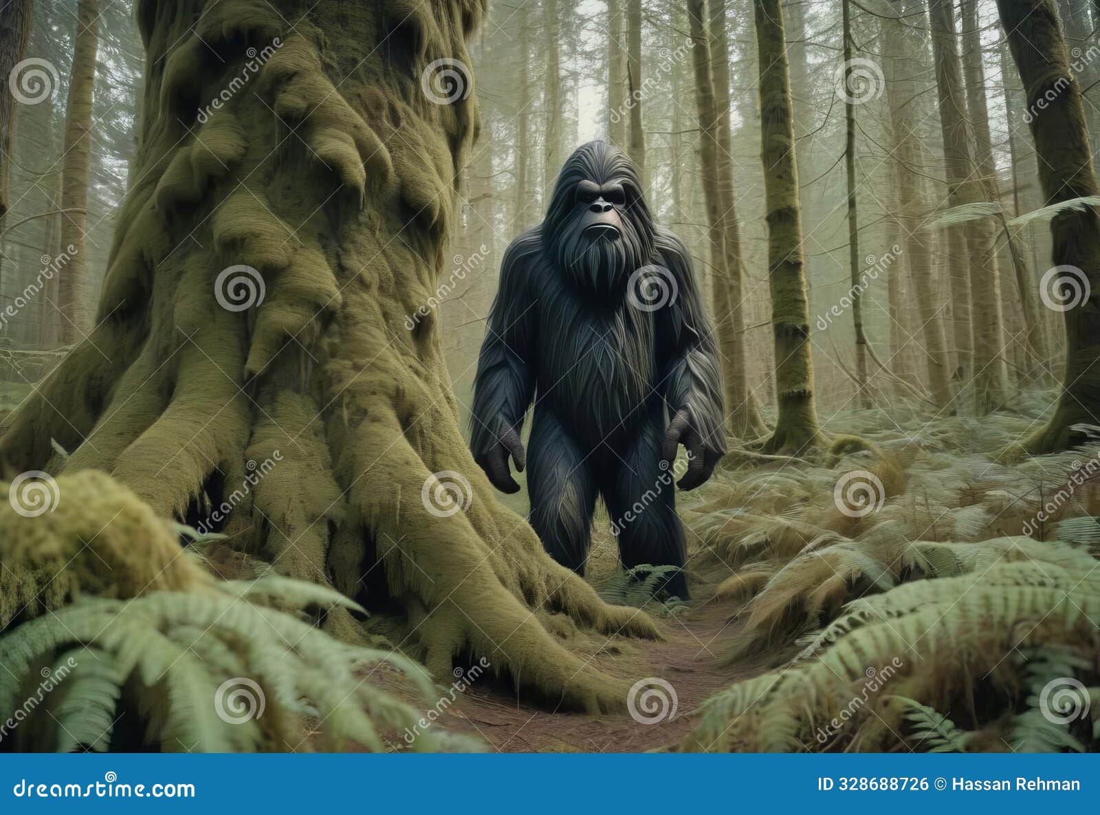 A Bigfoot Peeking Out from Behind a Tree in a Dense Forest Stock ...