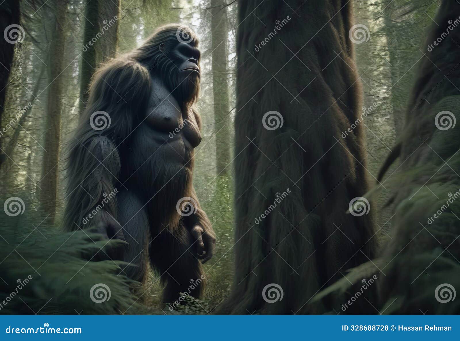 A Bigfoot Peeking Out from Behind a Tree in a Dense Forest Stock ...