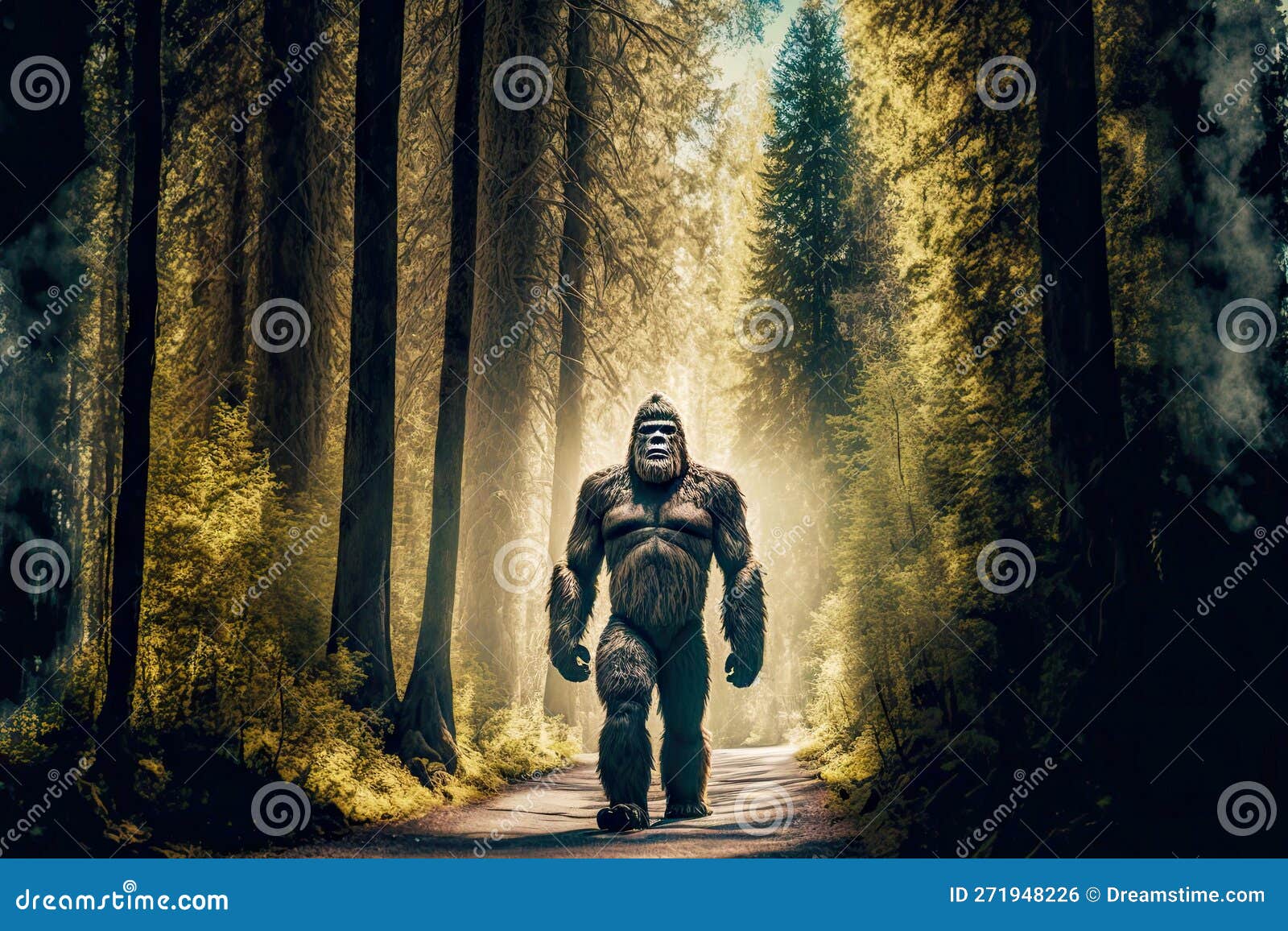 Bigfoot with Powerful Hands Stands on Path in Forest with Menacing View ...