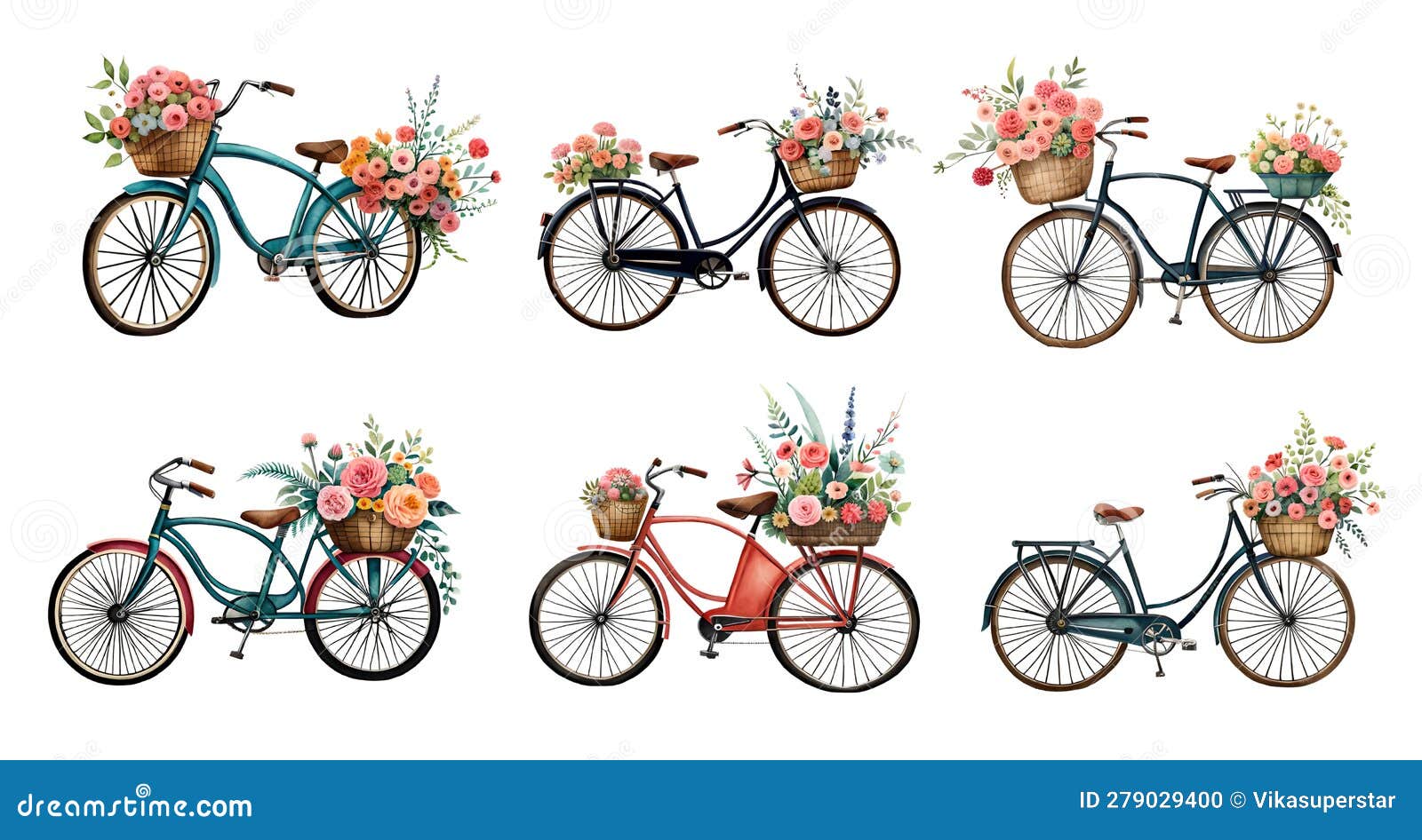 Set of Vintage Bikes with Flowers in Baskets. Generative Ai Stock ...