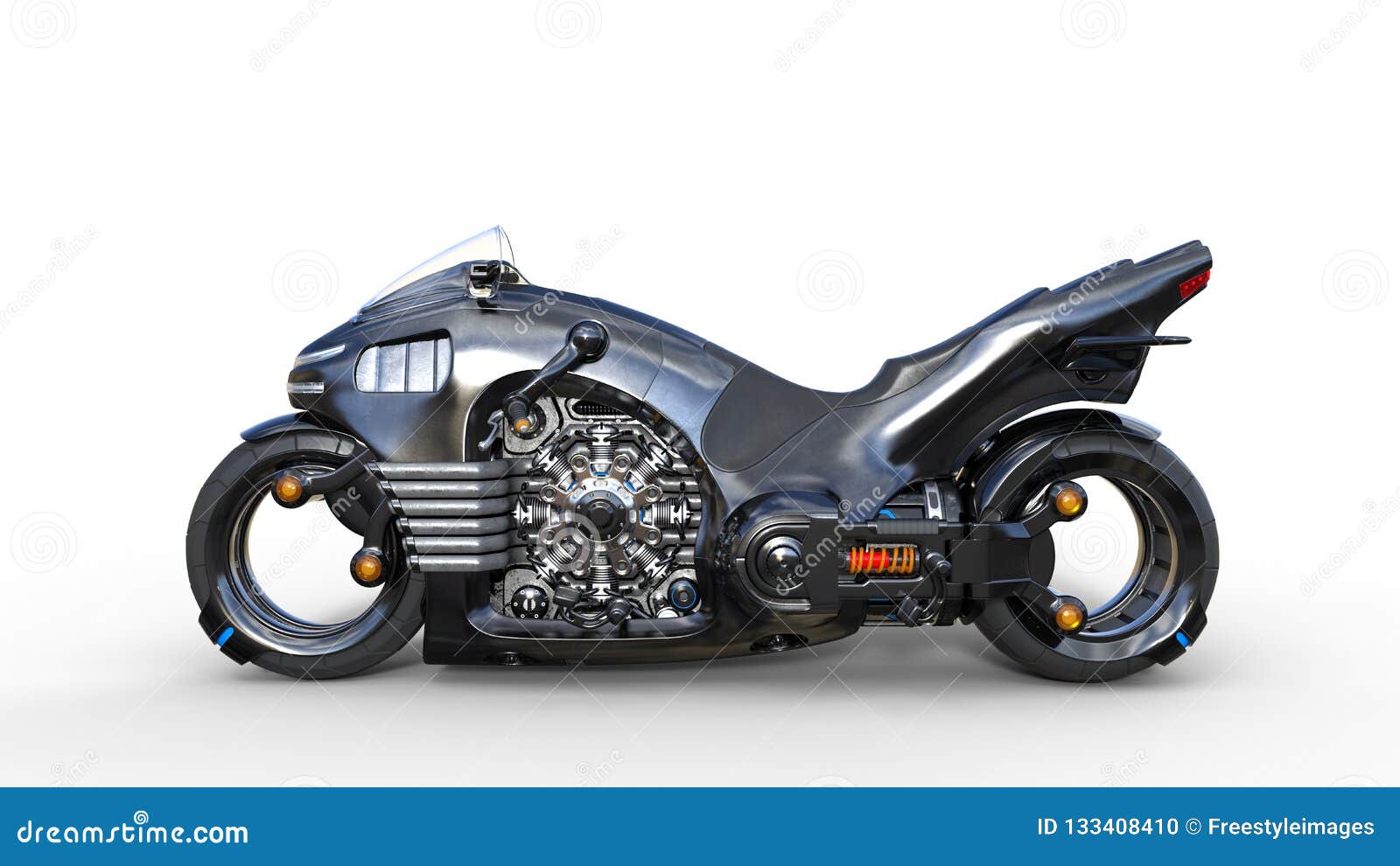 Bike with Chrome Engine, Black Futuristic Motorcycle Isolated on White ...