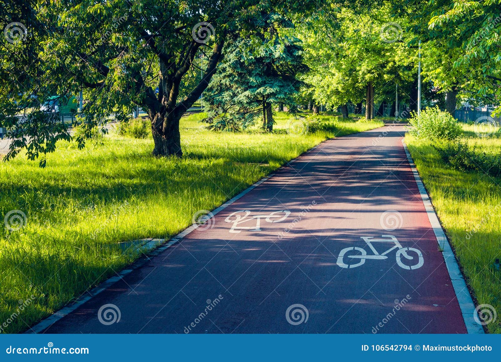 Bike Way in the Park with Signs. Stock Photo - Image of ground, green ...