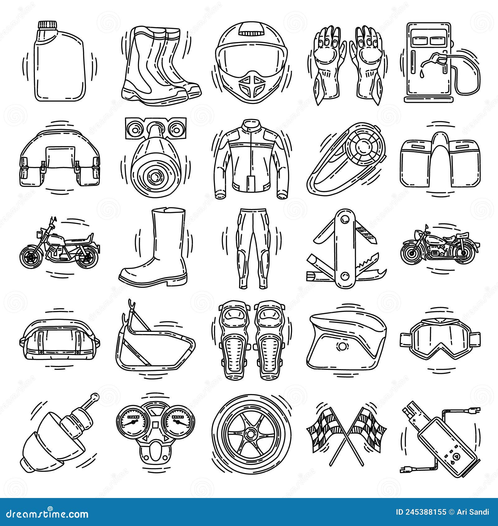 Biker and Accessories Set Icon Vector Doodle Hand Drawn or Outline Icon ...
