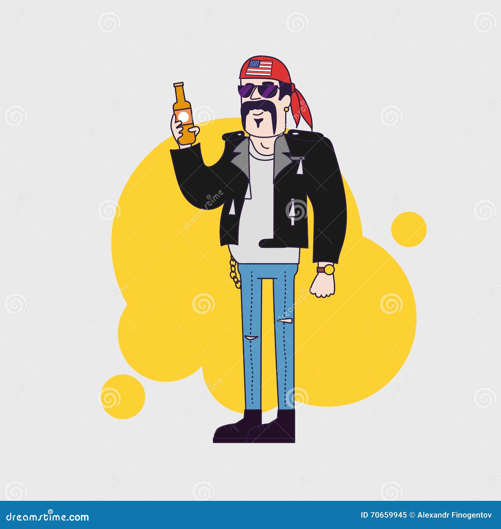 Biker Character in Sunglasses and Leather Jacket with Beer Bottle ...