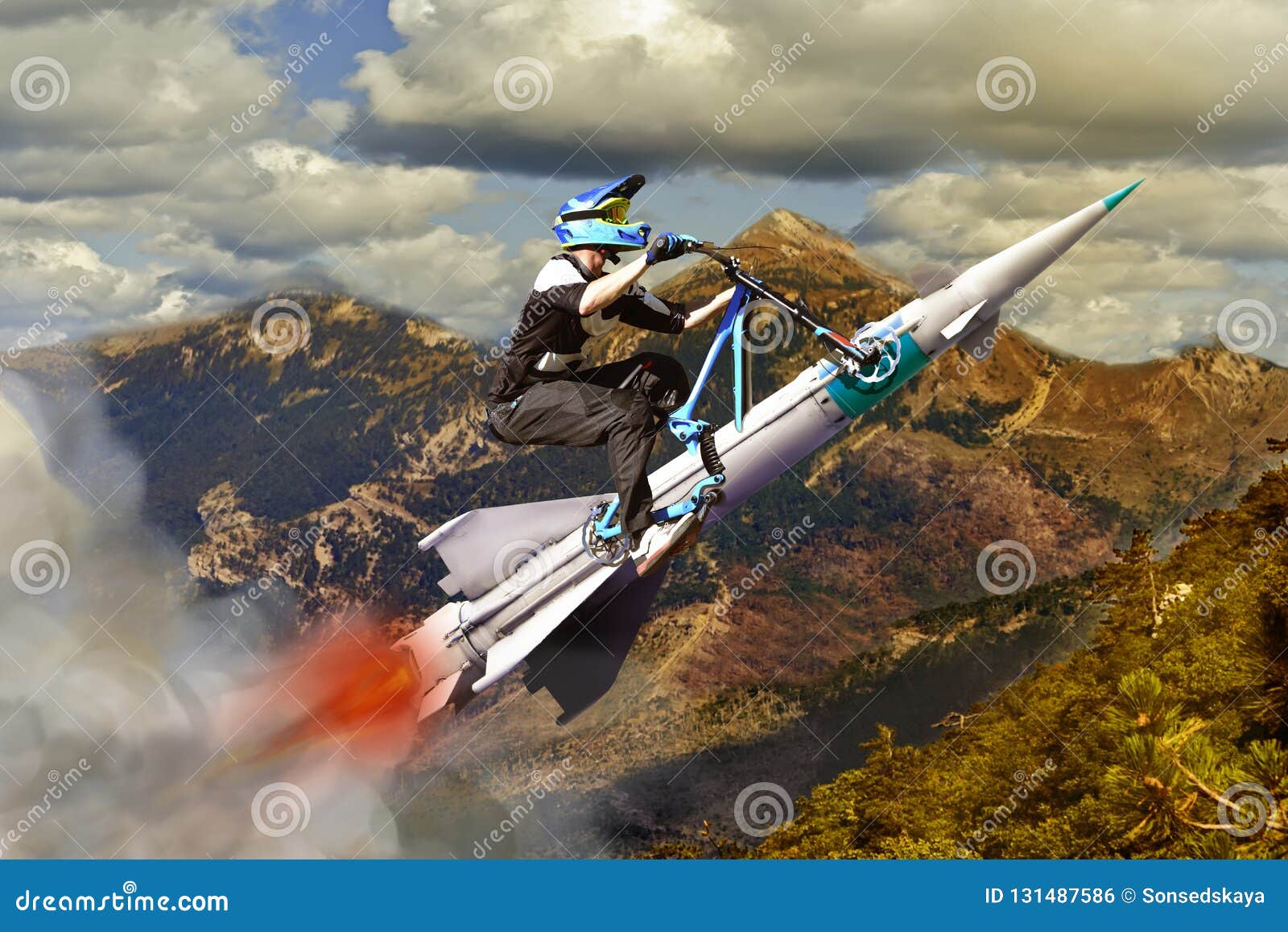 Biker flying on a rocket stock photo. Image of biking - 131487586