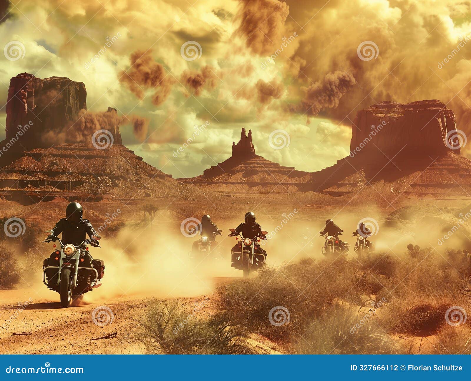 Biker Gang Riding Through A Desert Landscape Royalty-Free Stock Photo ...