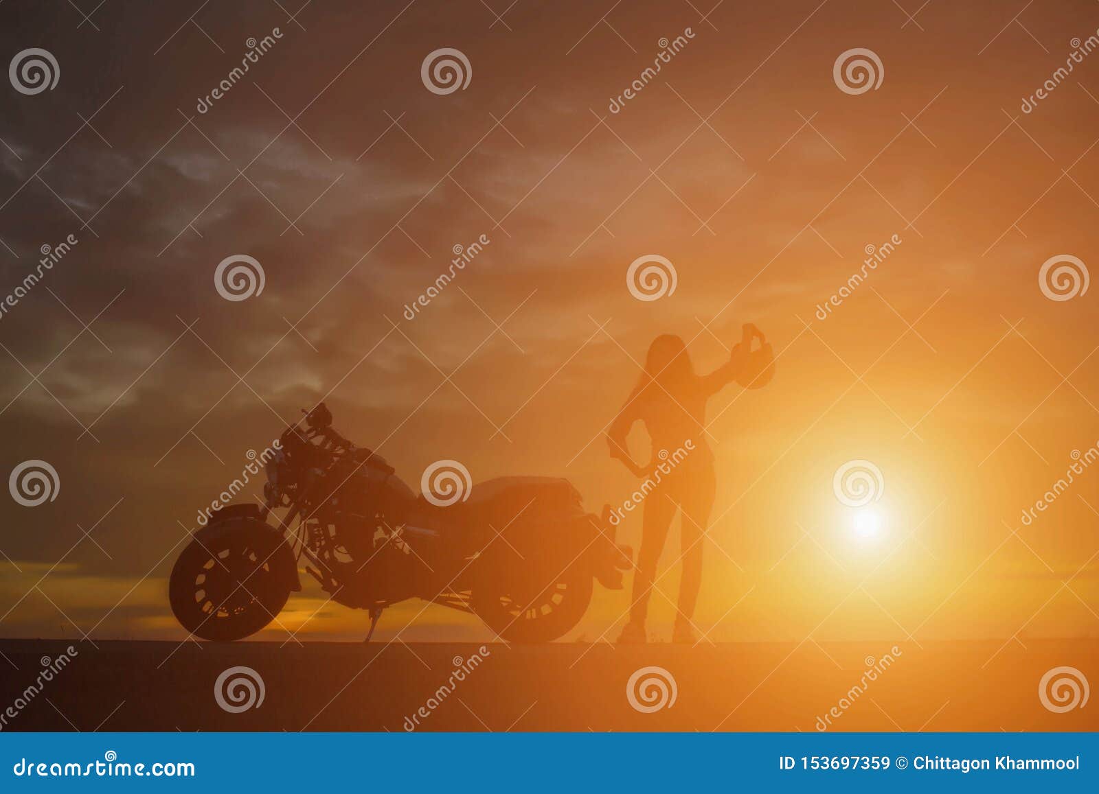 Biker Girl and Classic Motorcycle at Sunset Stock Image - Image of life ...