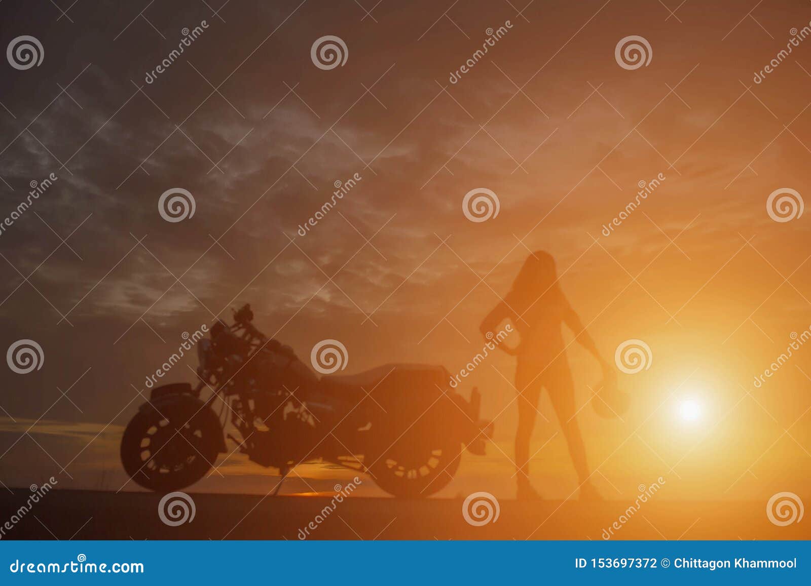 Biker Girl and Classic Motorcycle at Sunset Stock Photo - Image of ...