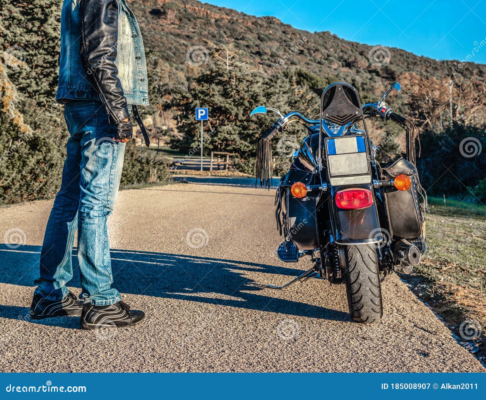 Biker and Motorcycle on an Empty Road Stock Image - Image of bike ...