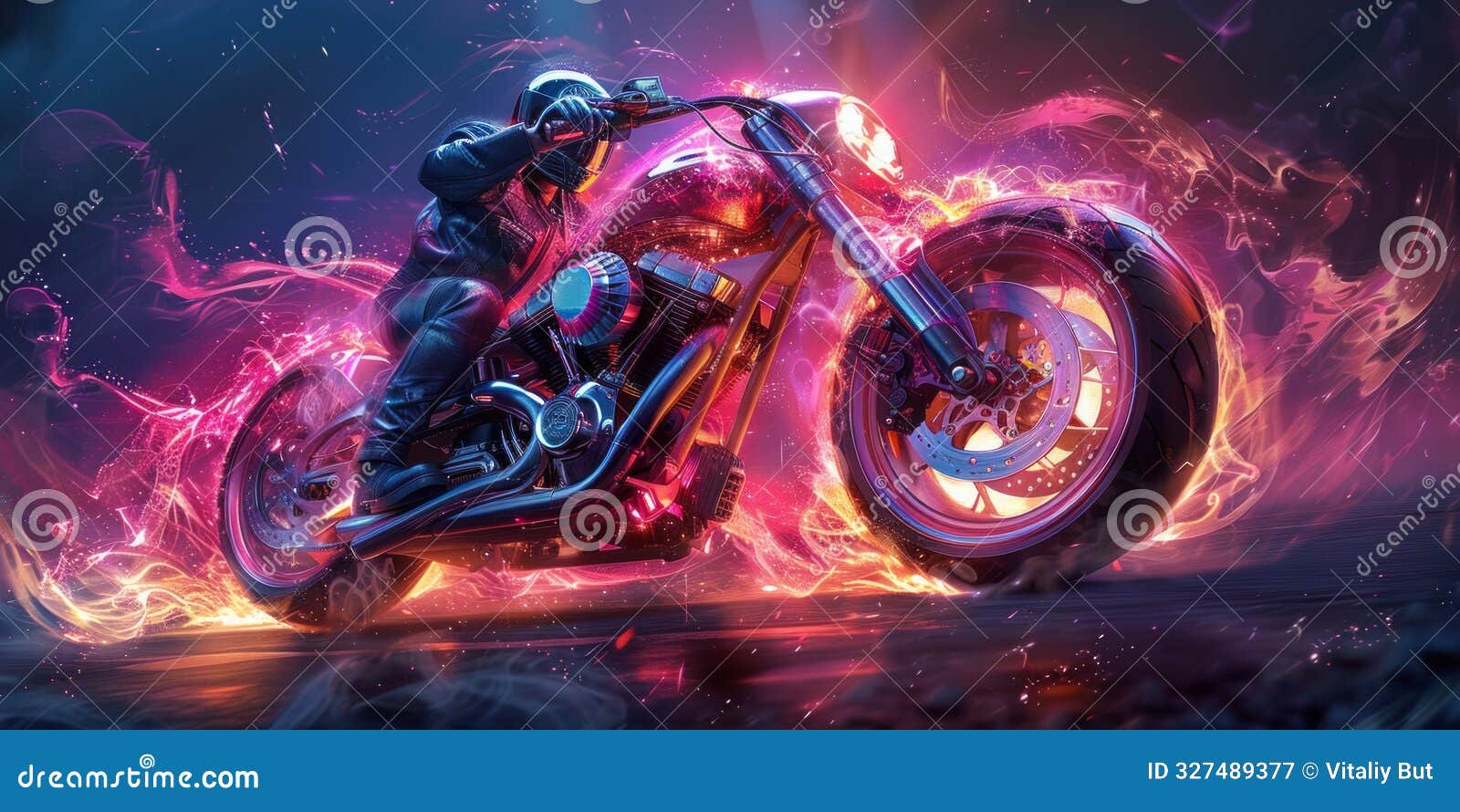 Biker Rides a Motorcycle Engulfed in Flames, Speeding through the Night ...