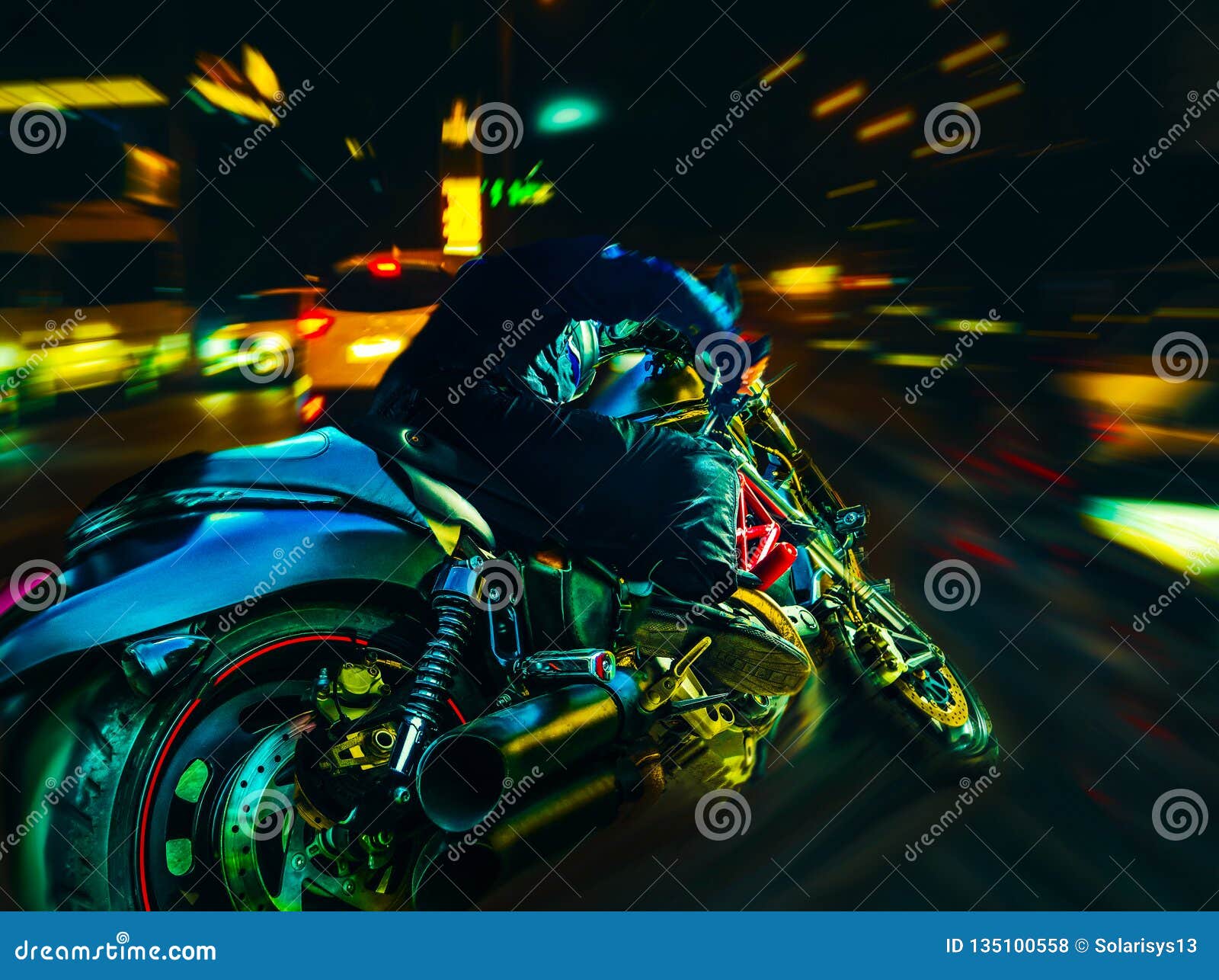 Biker Riding on Chopper through the Night City Stock Photo - Image of ...