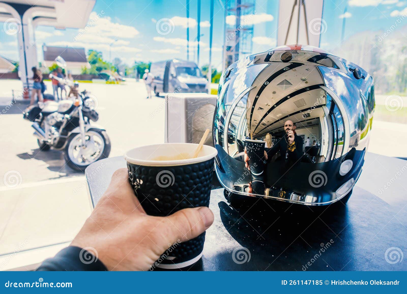 Biker in a Roadside Cafe at a Gas Station Drinking Coffee Stock Image ...