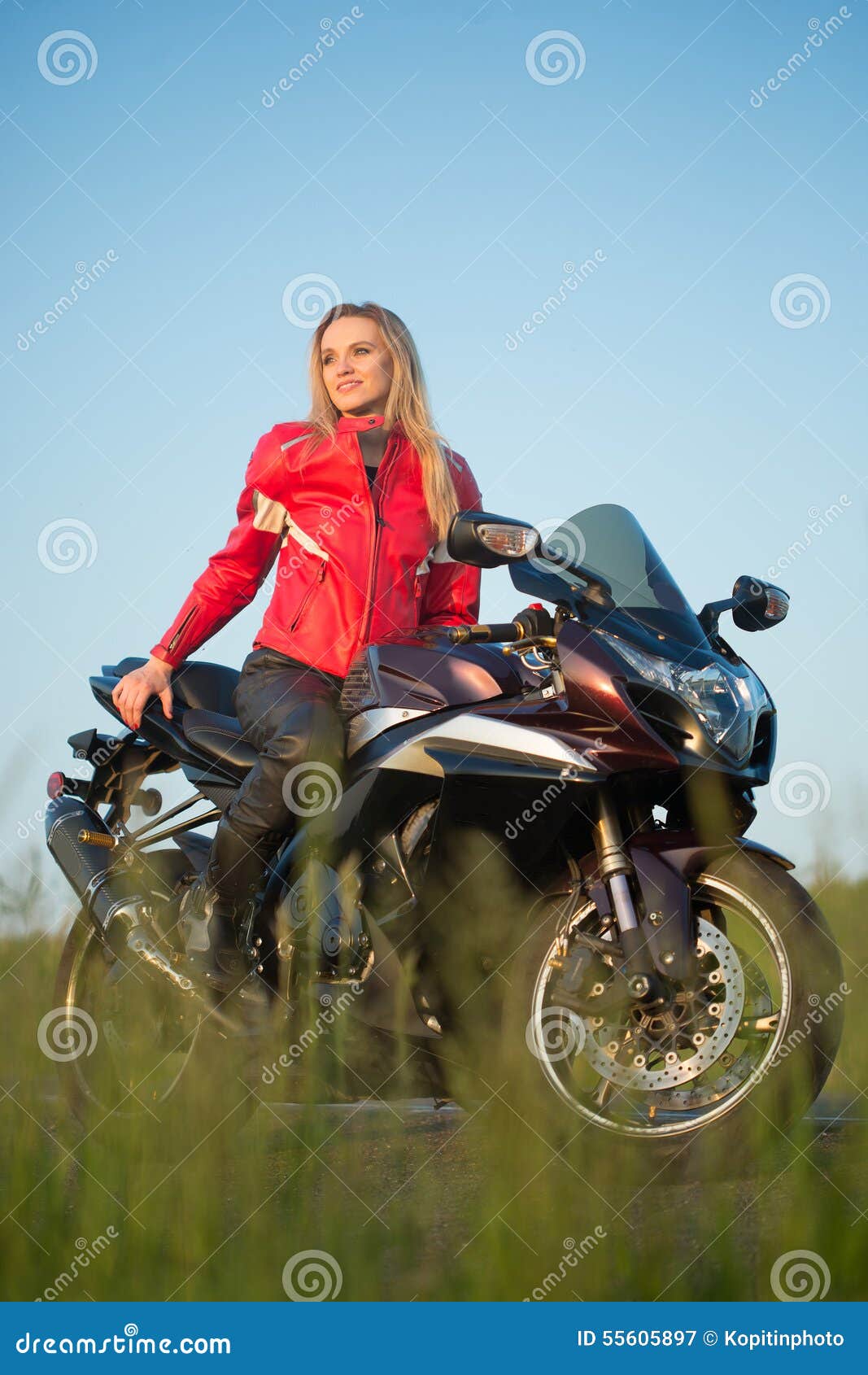 Biker Woman Sitting on a Motorcycle Stock Image - Image of black ...