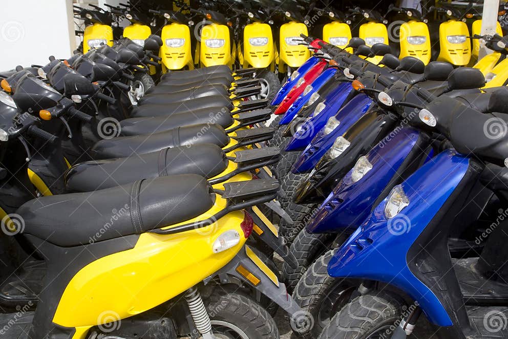 Bikes Motorbikes Motorcycles Rows in a Renting Stock Photo - Image of ...