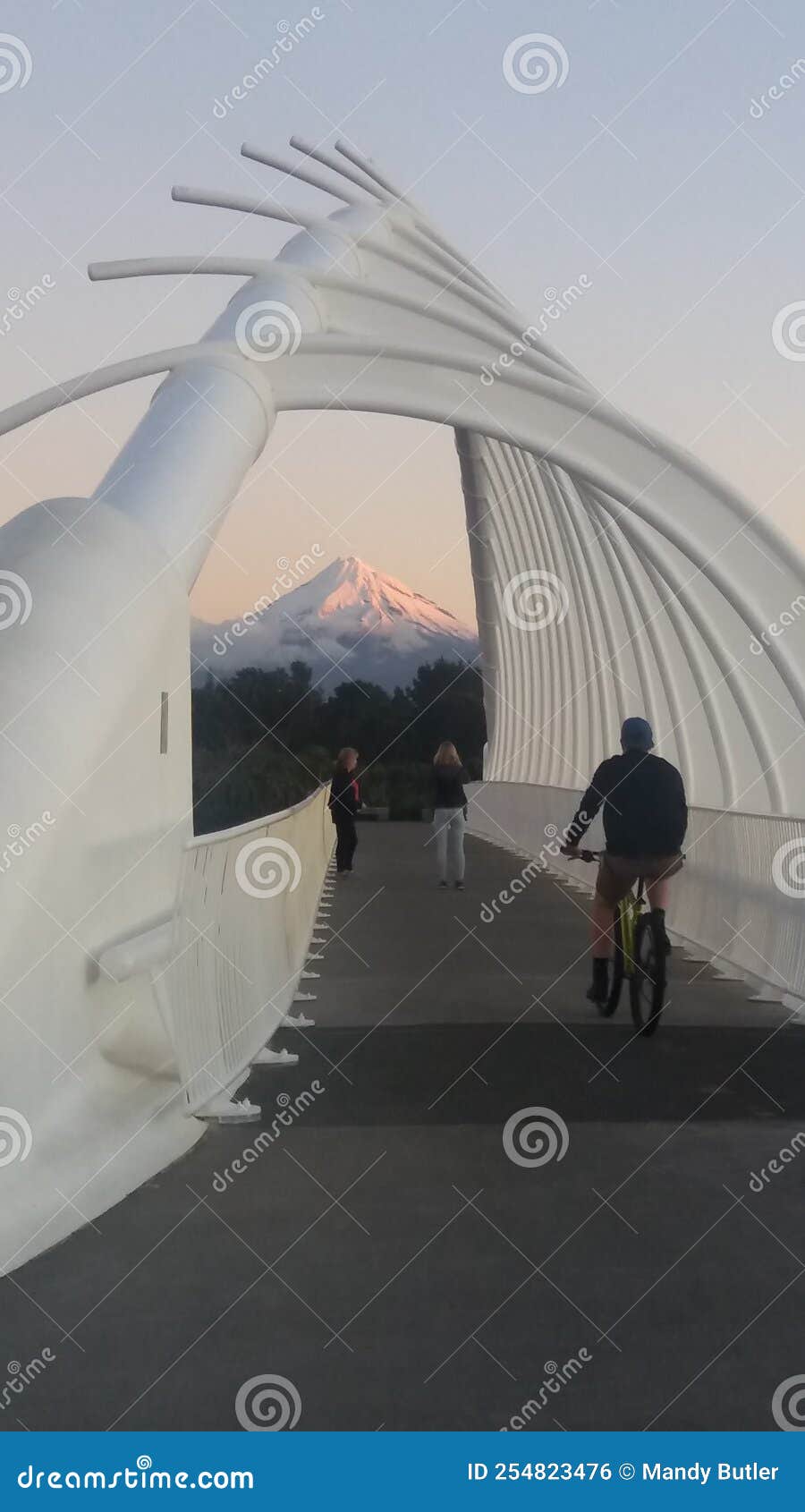 Biking in Front of Mt Taranaki Stock Photo - Image of front, bridge ...