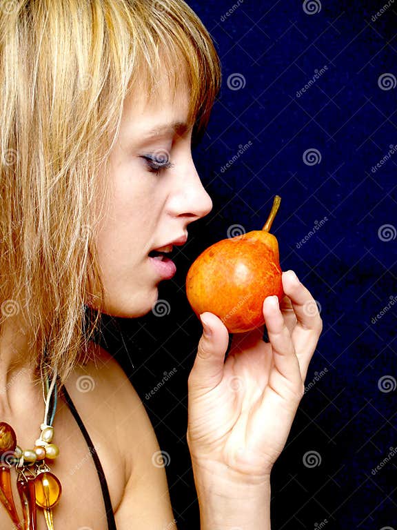 Bikini girl and pear stock photo. Image of neckless, eating - 3085366