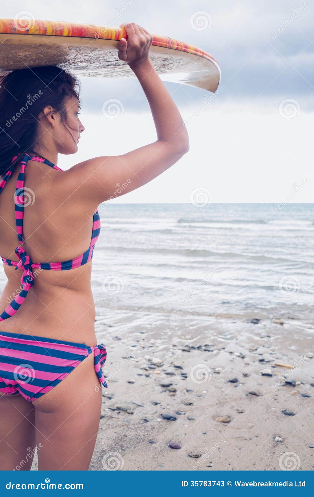 Bikini Woman Carrying Surfboard On Head At Beach Stock Image Image Of