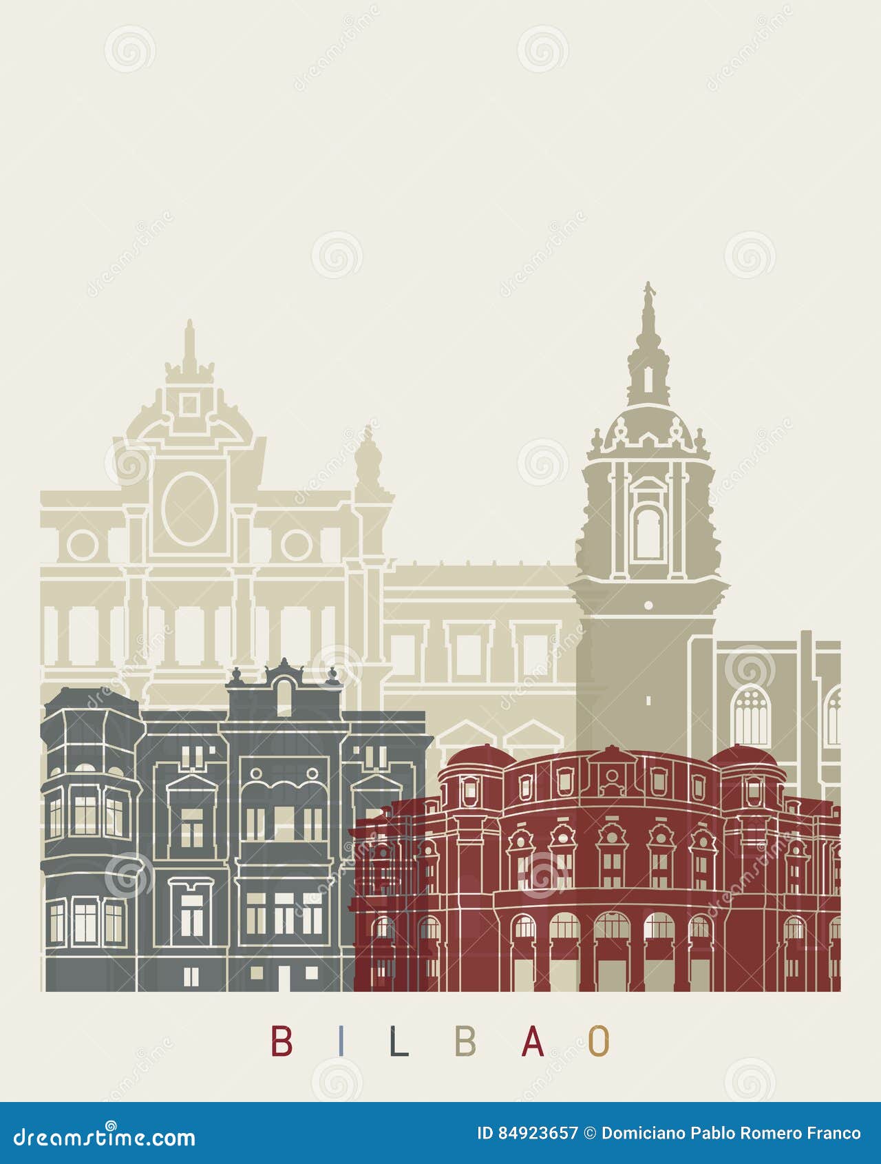 Bilbao skyline poster stock vector. Illustration of monuments - 84923657
