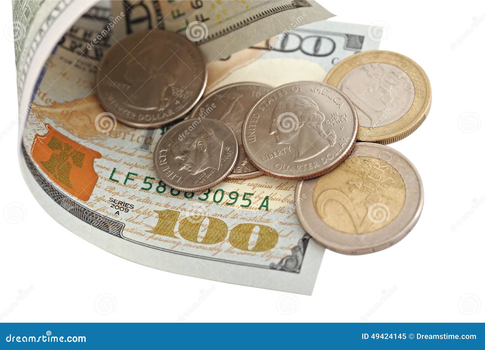 $ 100 bill with coins stock image. Image of currency - 49424145